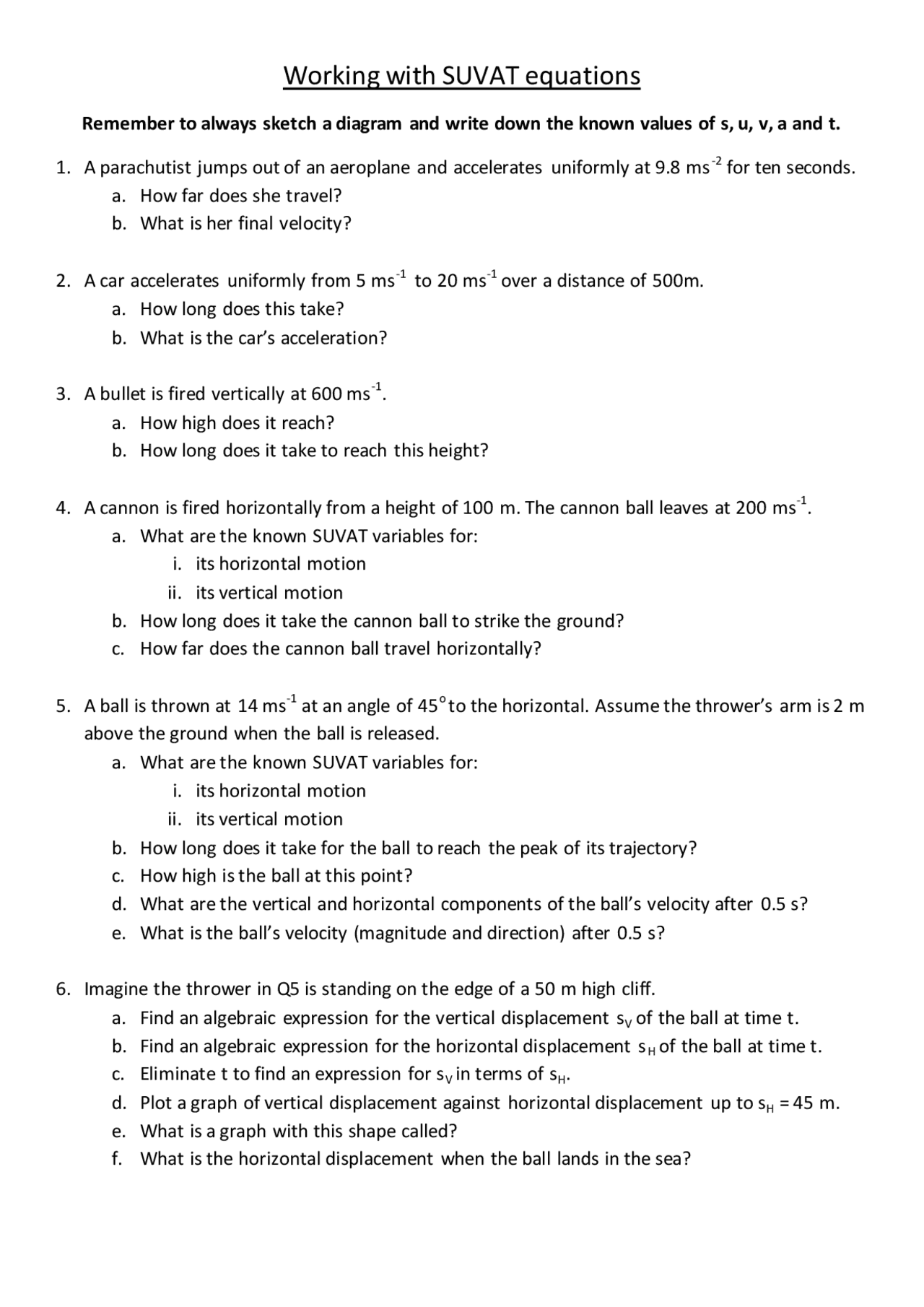 Working with SUVAT equations | Study notes Kinematics | Docsity