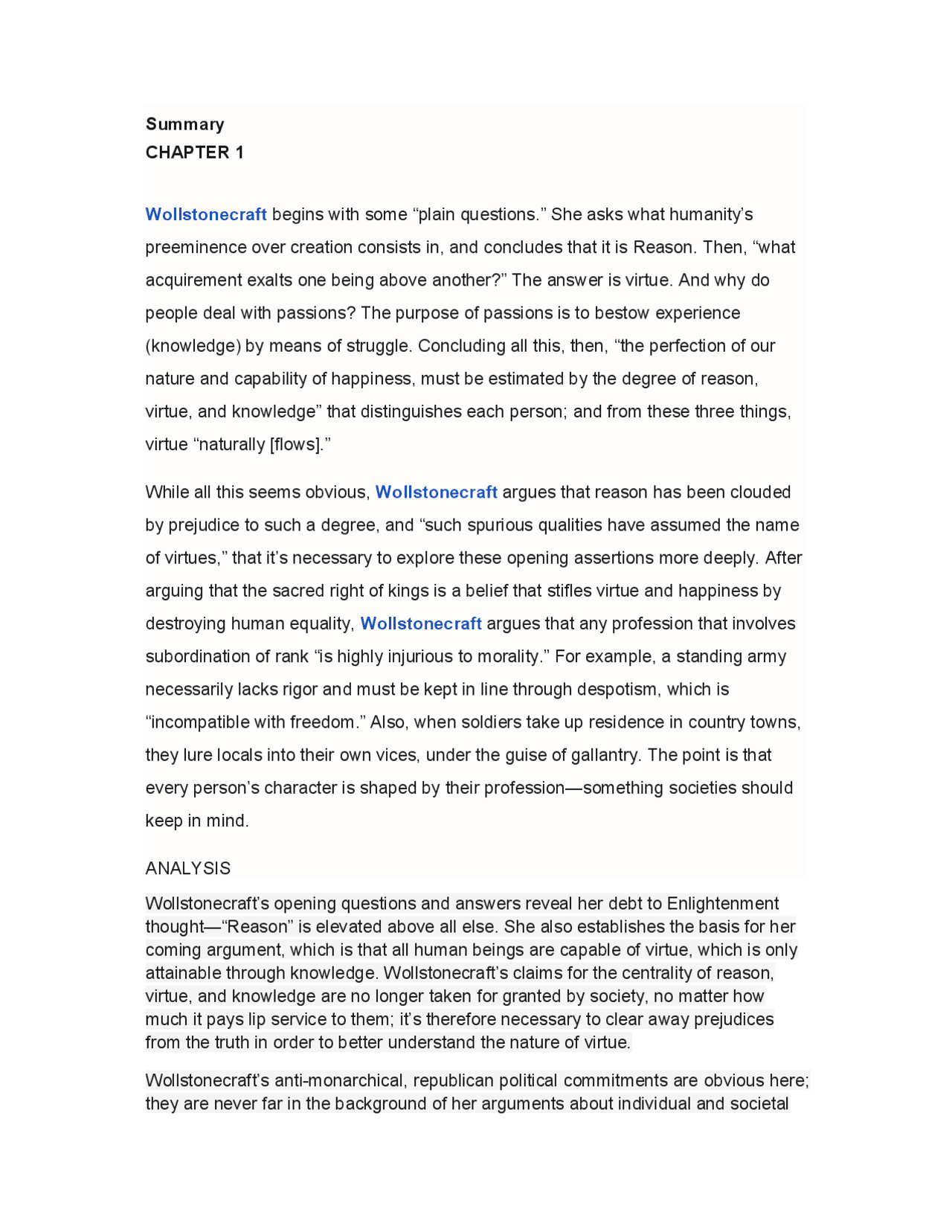 Summary CHAPTER 1 Wollstonecraft begins with some “plain ...