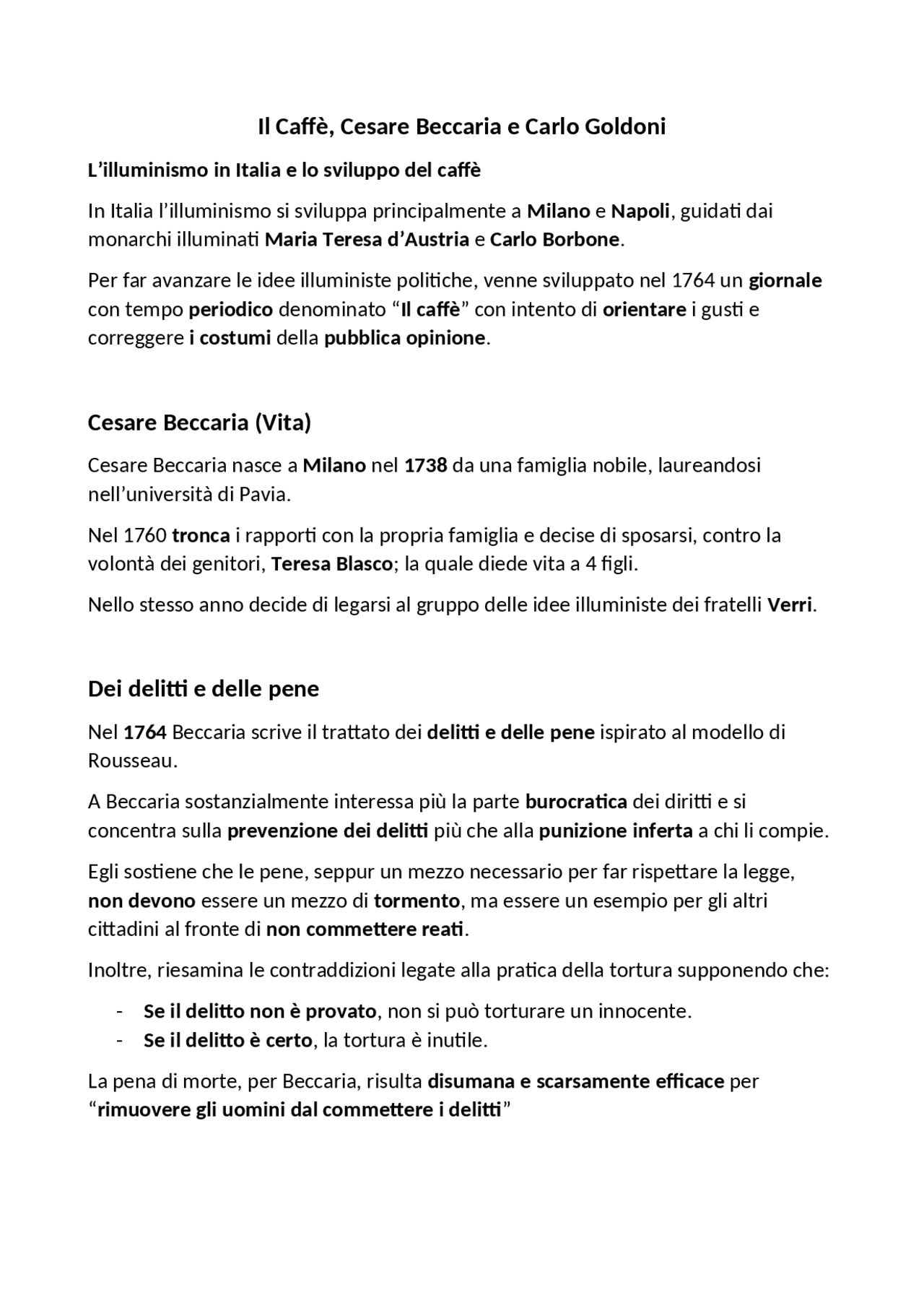 Il Caffè, Cesare Beccaria e Carlo Goldoni | Appunti di Italiano | Docsity