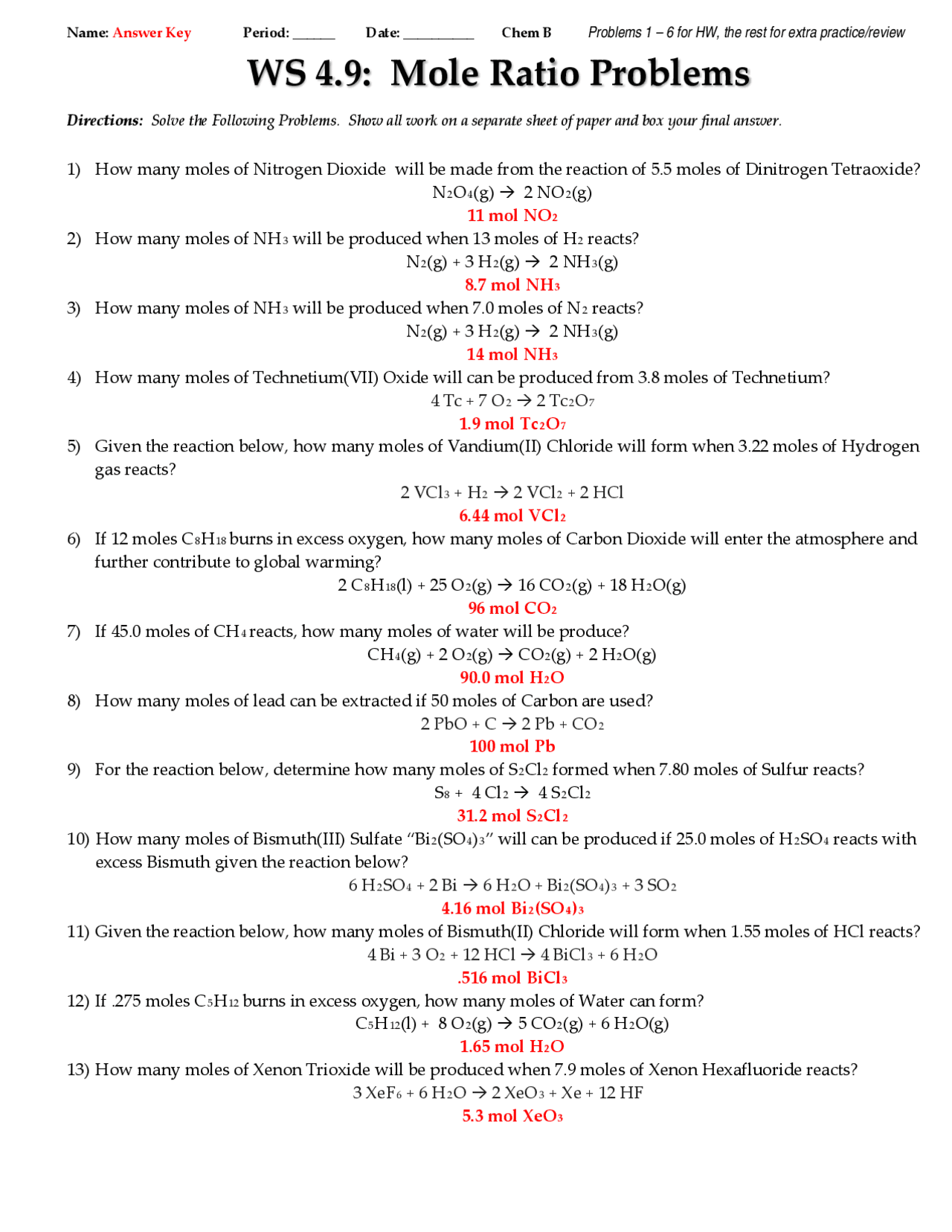 WS 4.9: Mole Ratio Problems | Summaries Chemistry | Docsity