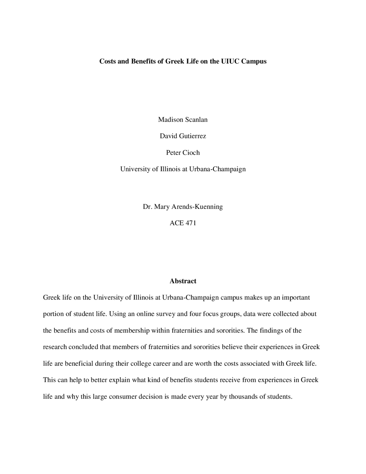 Costs and Benefits of Greek Life on the UIUC Campus | Study notes ...