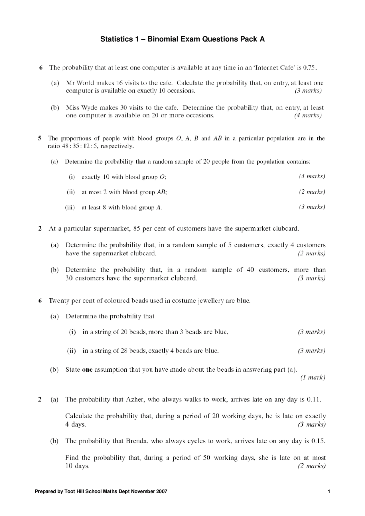 Statistics 1 Binomial Exam Questions Pack A Lecture Notes