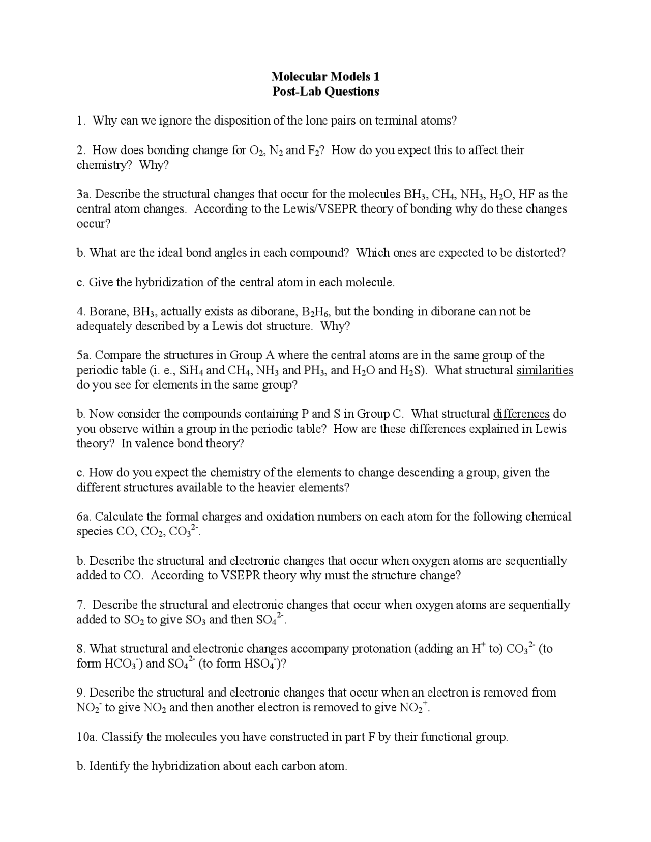 Molecular Models 1 Post-Lab Questions 1. Why can we ignore ...