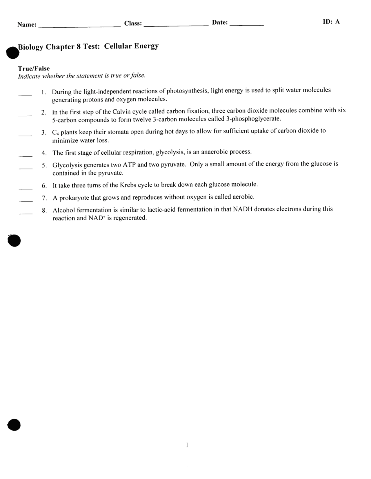 |Biology Chapter 8 Test: Cellular Energy | Study notes Biology - Docsity