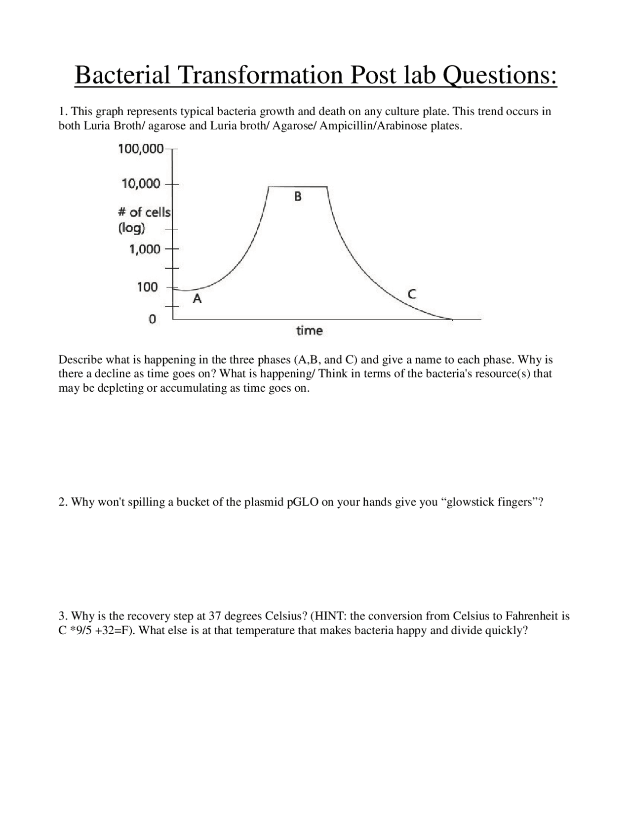 Bacterial Transformation Post lab Questions: | Exercises Medicine | Docsity