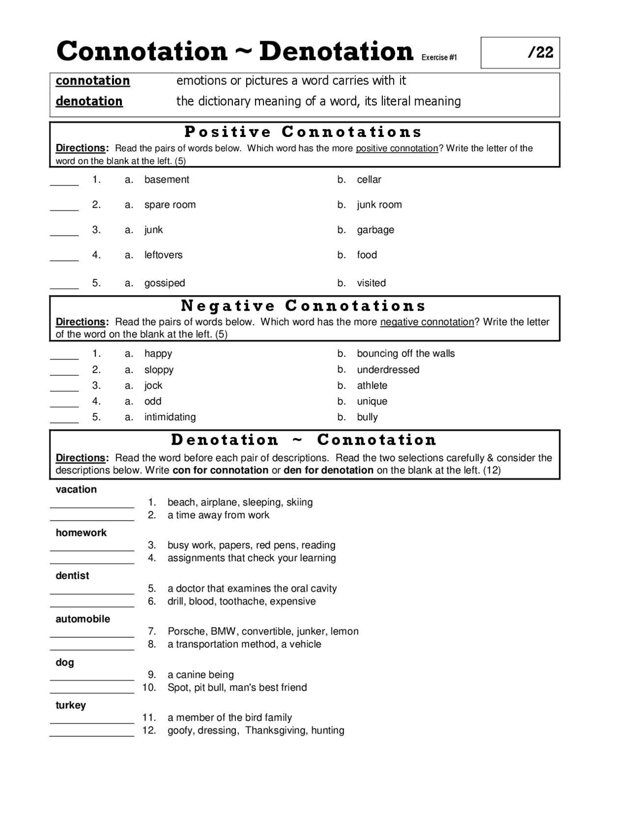 Connotation ~ Denotation Exercise #1 | Schemes and Mind Maps Grammar and Composition | Docsity