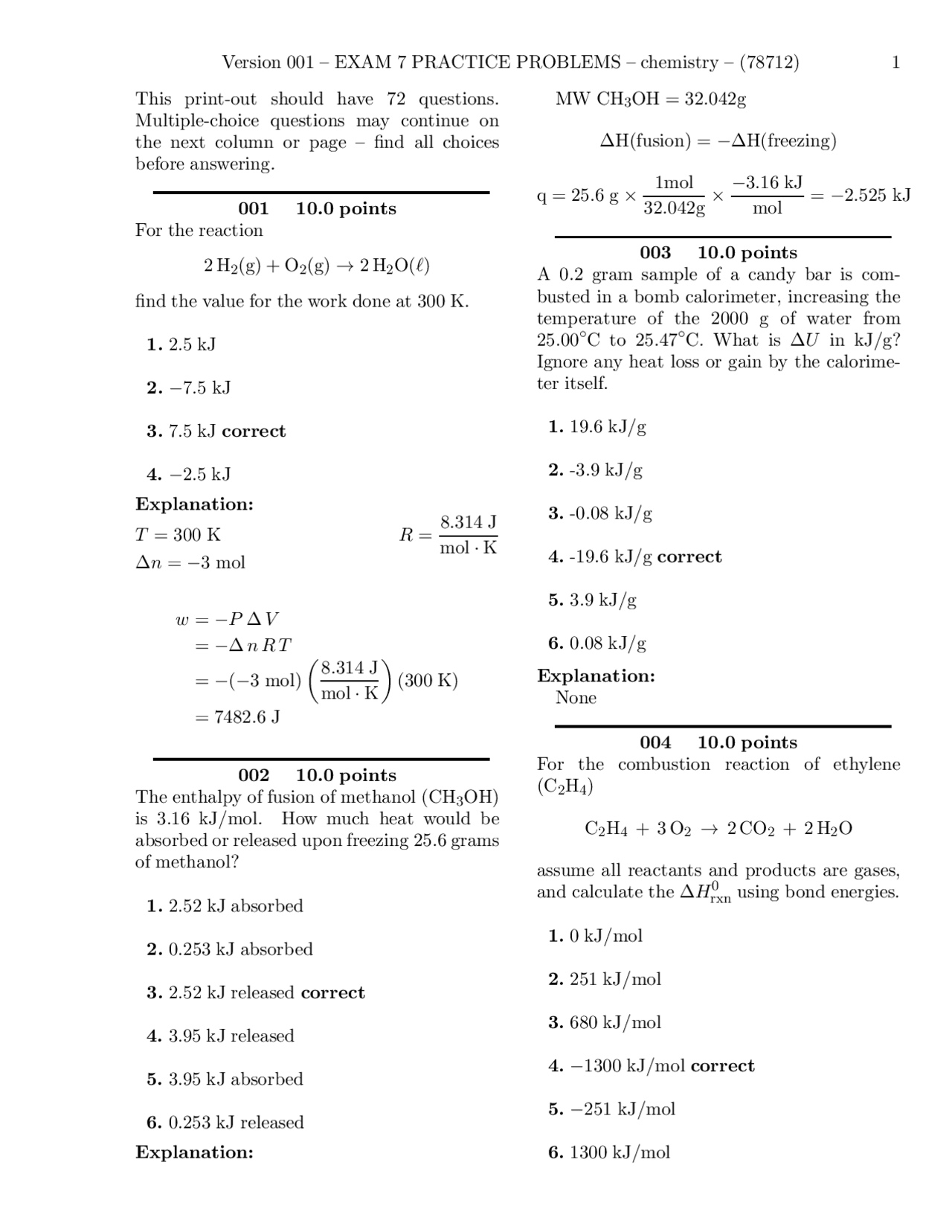 Exam 7 Practice Problems Chemistry 78712 Lecture Notes