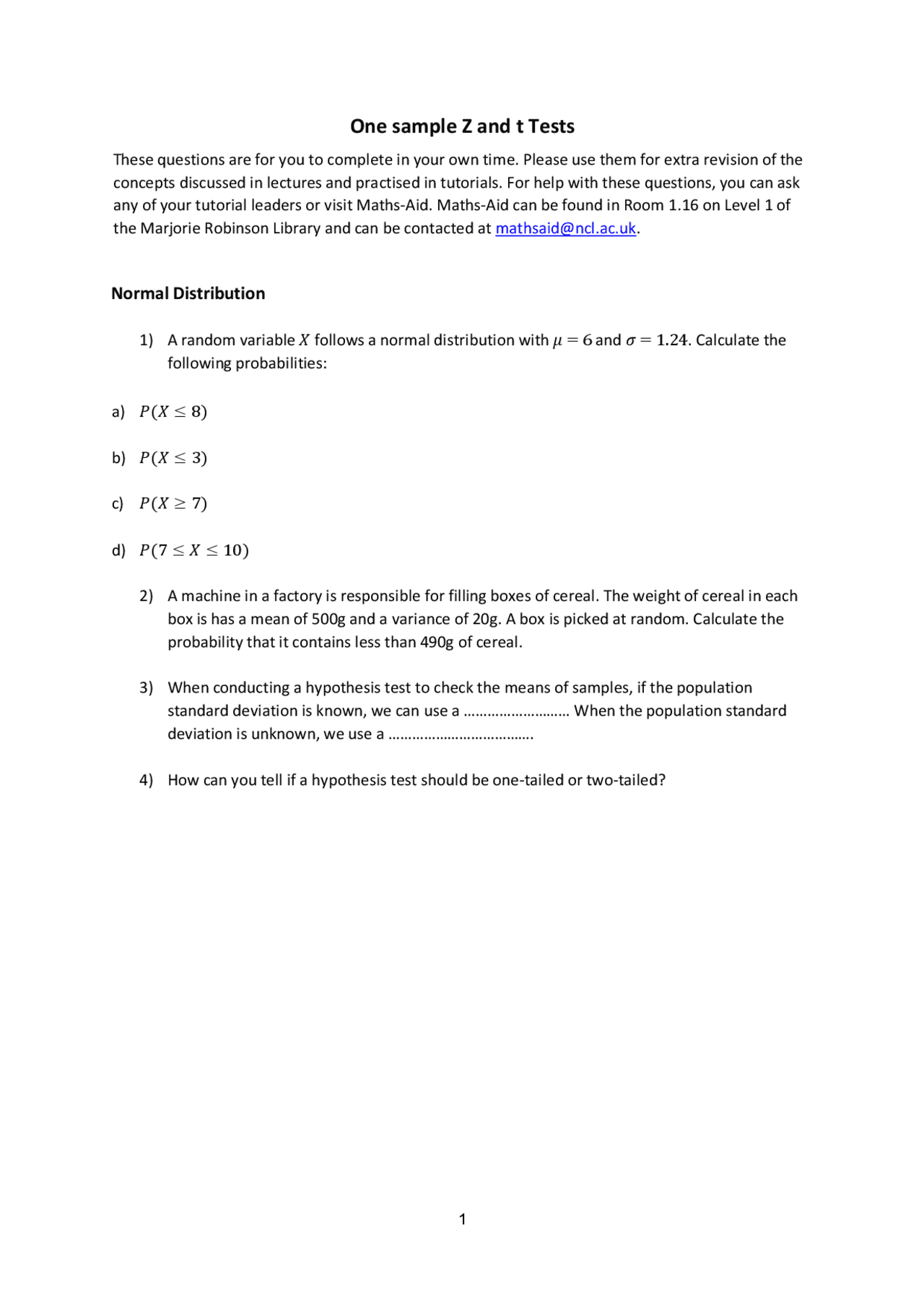 One sample Z and t Tests | Study notes Business Statistics | Docsity