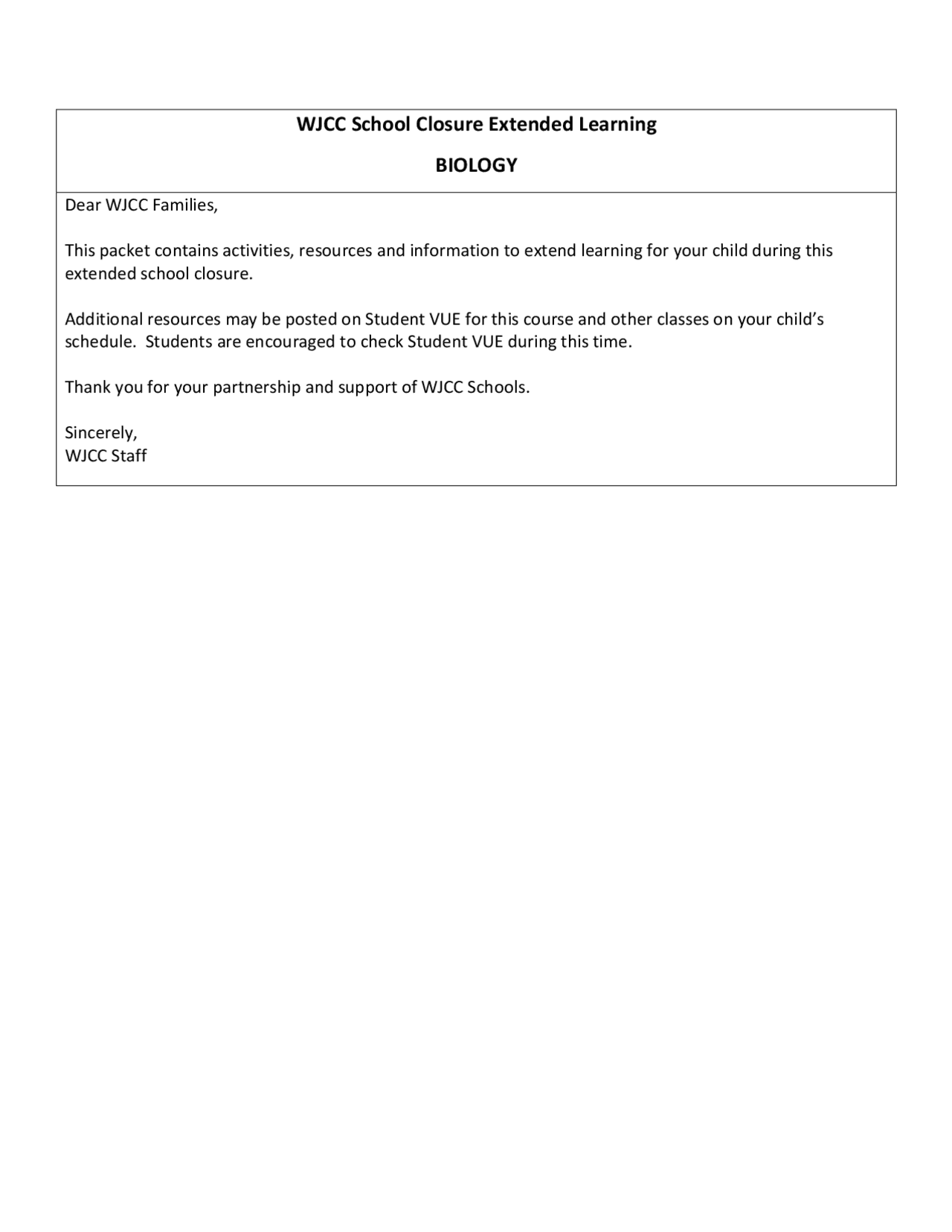 WJCC School Closure Extended Learning BIOLOGY | Study notes Biology ...