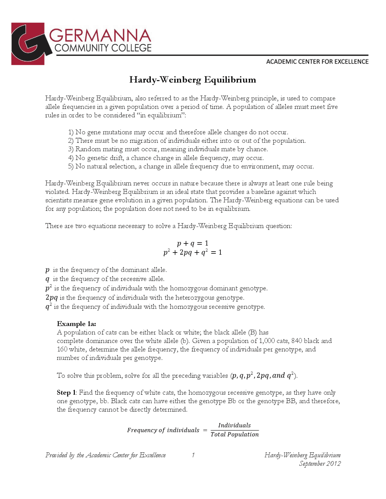 Hardy-Weinberg Equilibrium | Exercises Biology | Docsity
