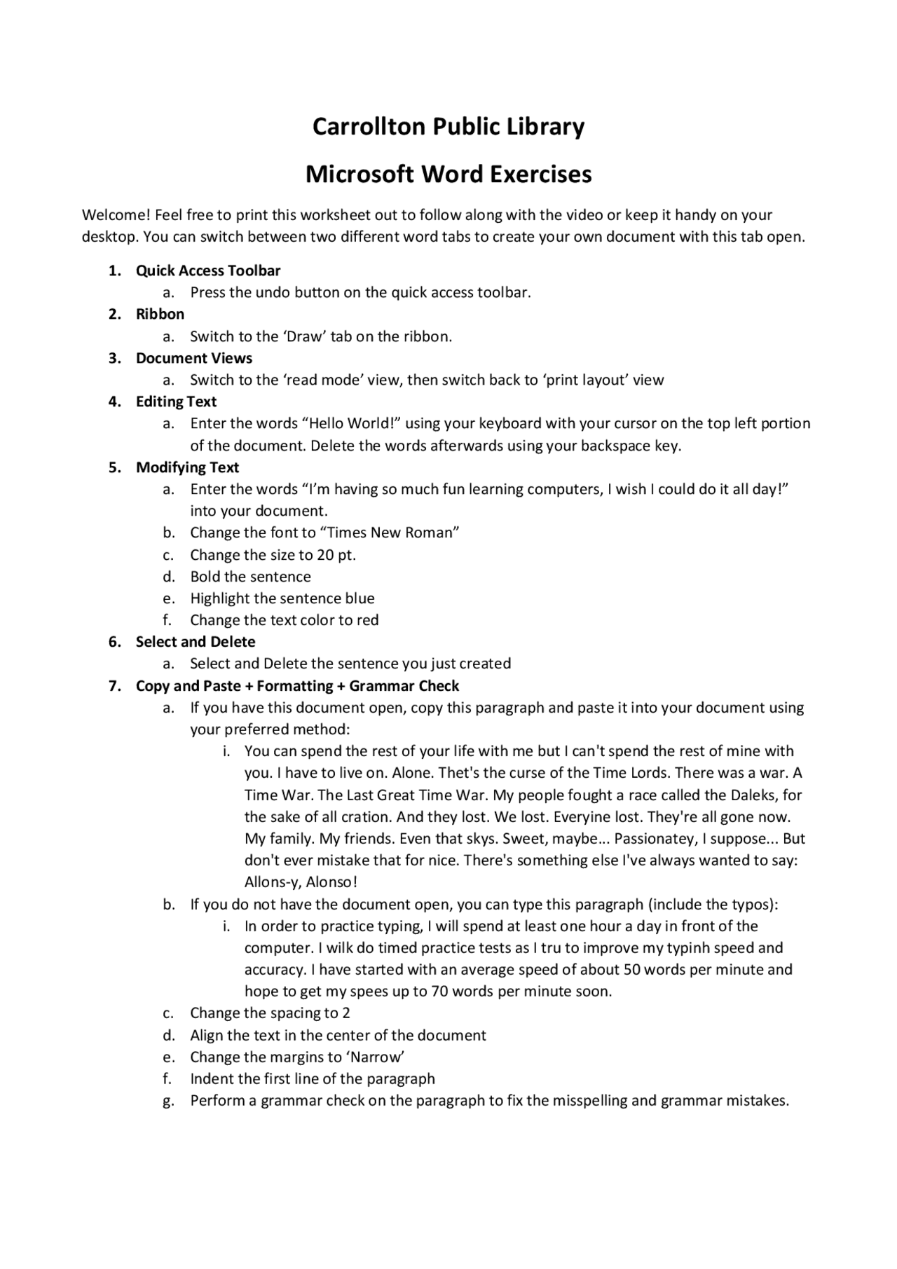 Carrollton Public Library Microsoft Word Exercises | Study notes ...