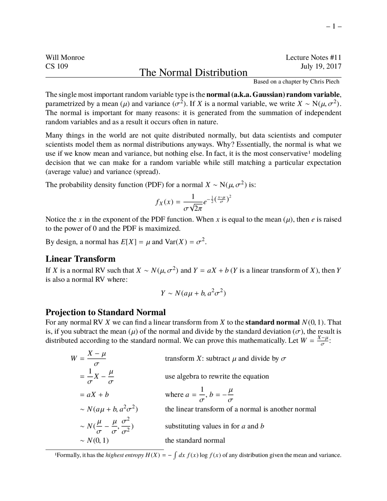 Normal Distribution: Properties, Linear Transform, and Applications | Exams Design | Docsity