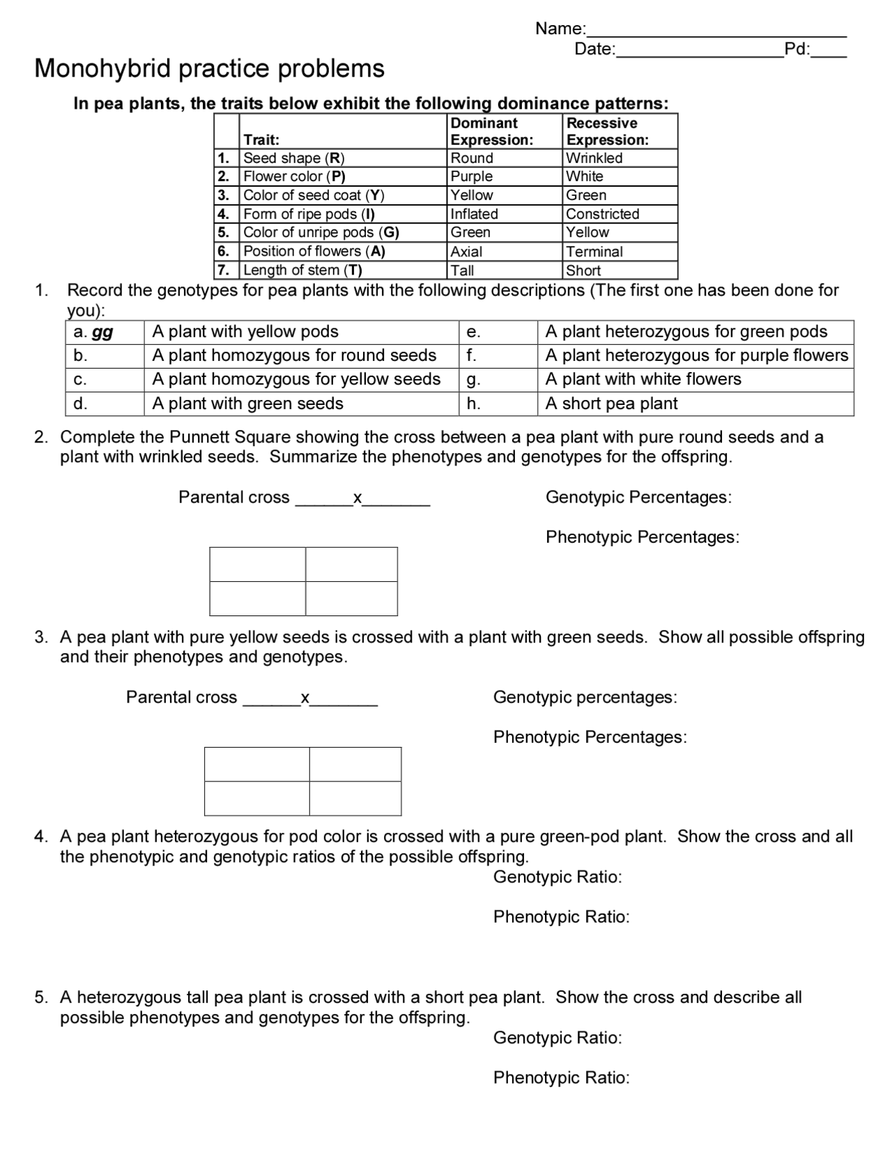 Monohybrid practice problems | Lecture notes Plant physiology | Docsity