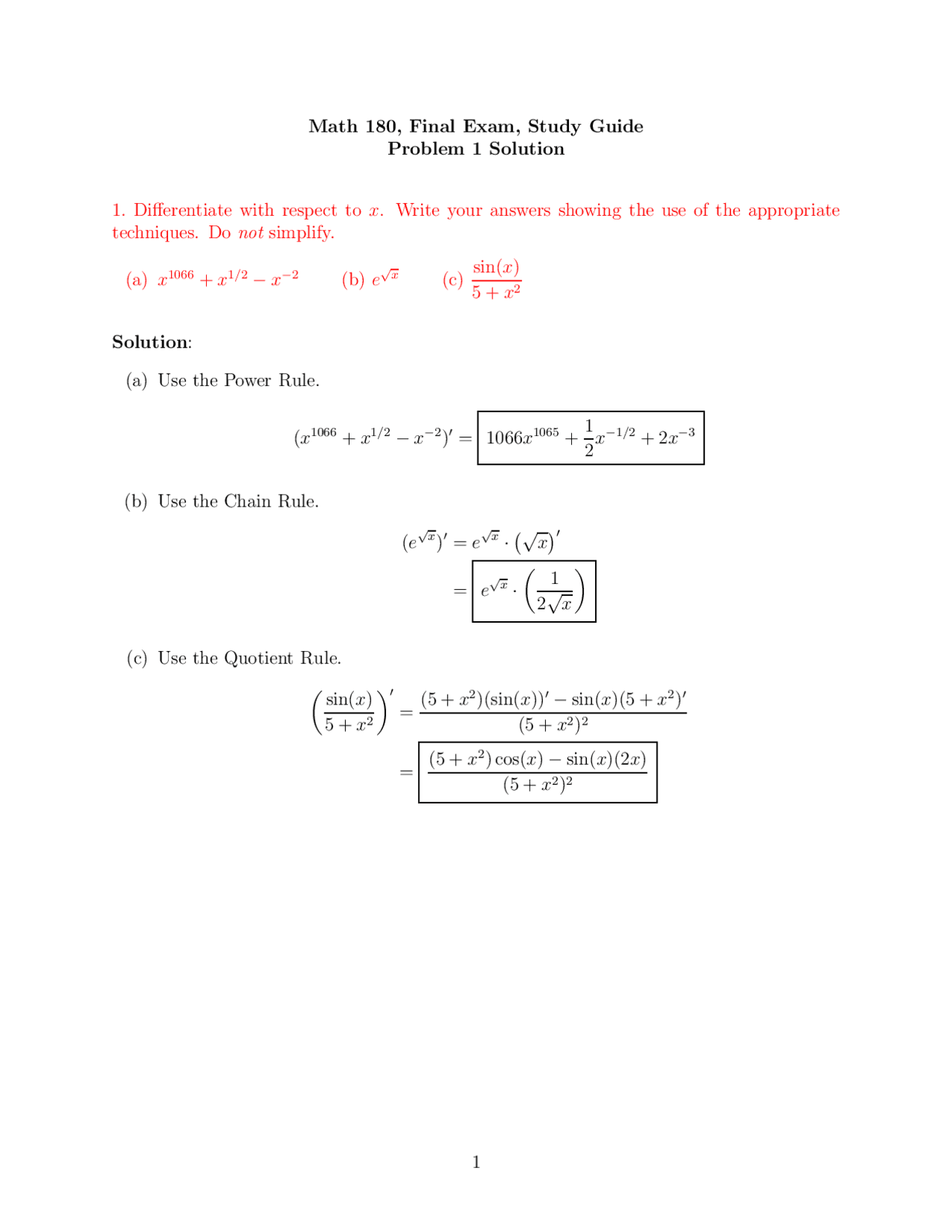 Math 180, Final Exam, Study Guide Problem 1 Solution | Study notes ...