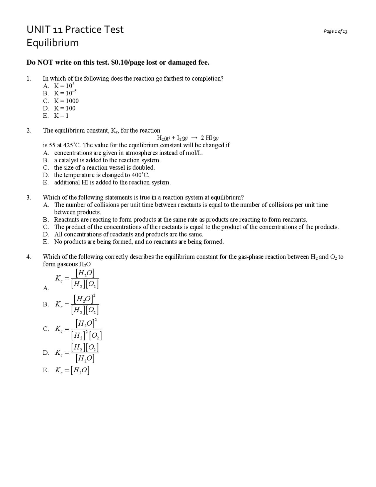 UNIT 11 Practice Test Equilibrium | Schemes and Mind Maps Chemical ...