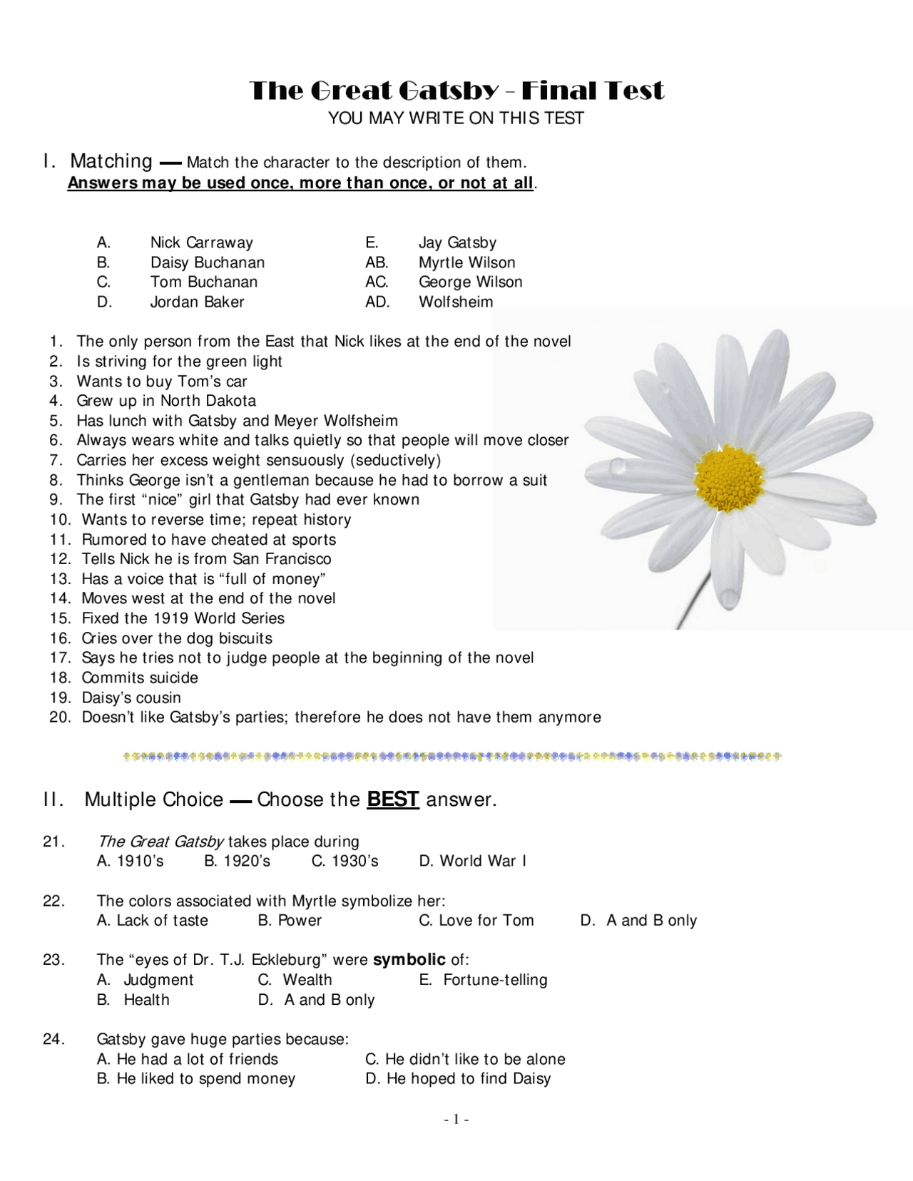 The Great Gatsby - Final Test | Lecture notes History | Docsity