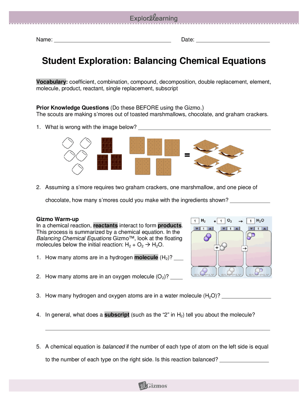 Student Exploration: Balancing Chemical Equations | Lecture notes ...