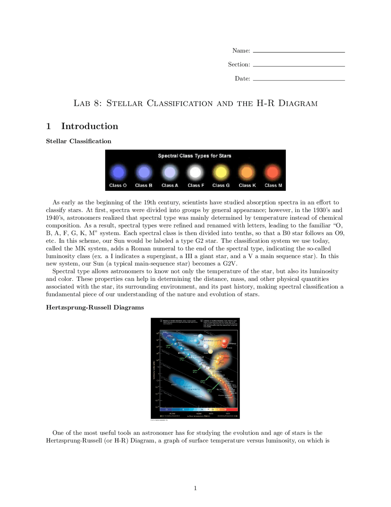 Lab 8 Stellar Classification And The H R Diagram 1 Introduction