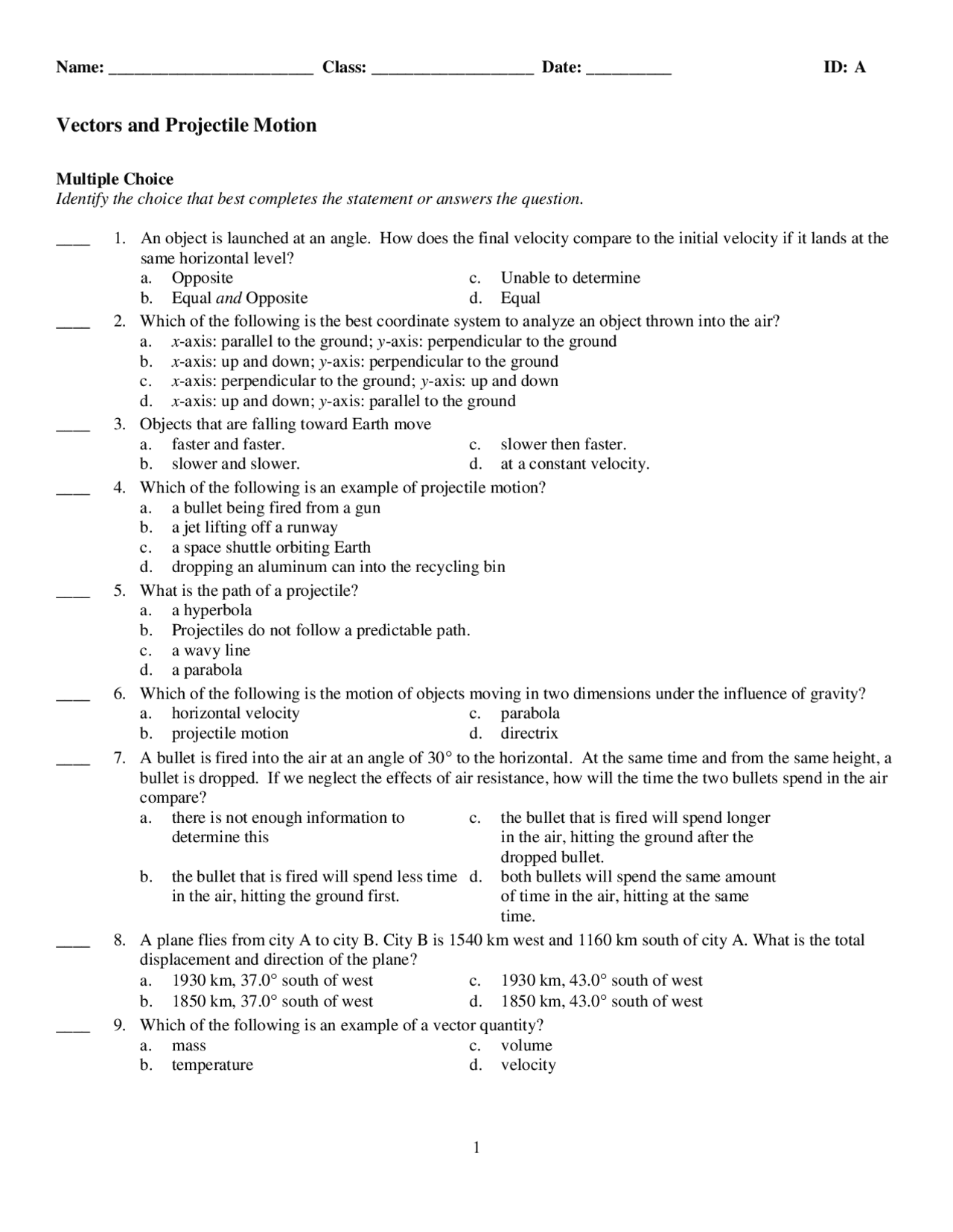 Id A 1 Vectors And Projectile Motion Lecture Notes Advanced
