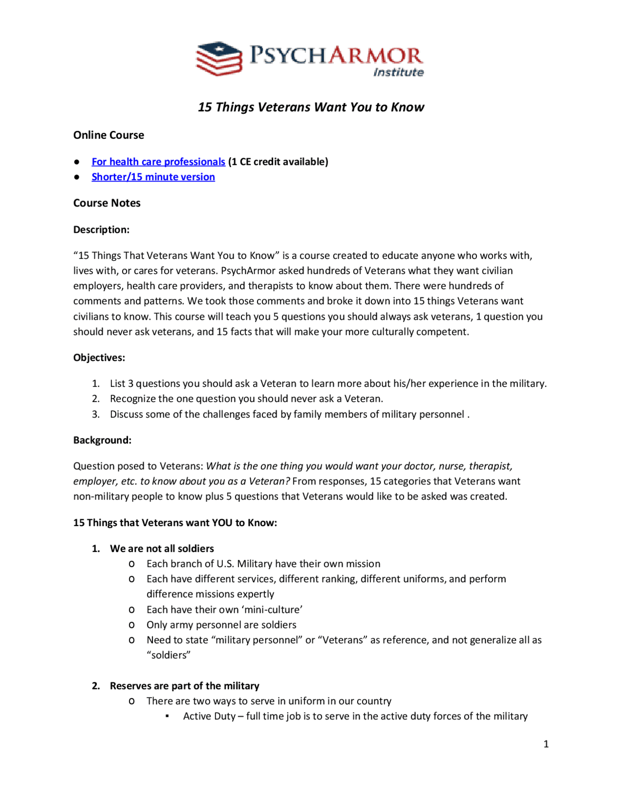 PsychArmor 15 Things Veterans Want You to Know | Slides Mechanics | Docsity