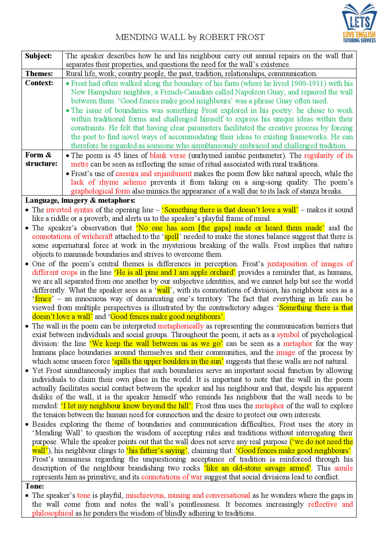 MENDING WALL by ROBERT FROST | Lecture notes Communication | Docsity
