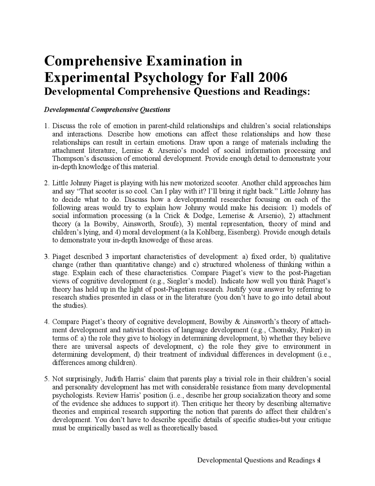 Developmental Questions And Readings Lecture Notes Developmental