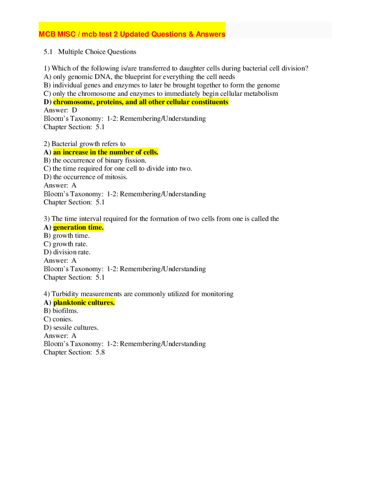 MCB Test 2 Questions & Answers | Exams Nursing | Docsity