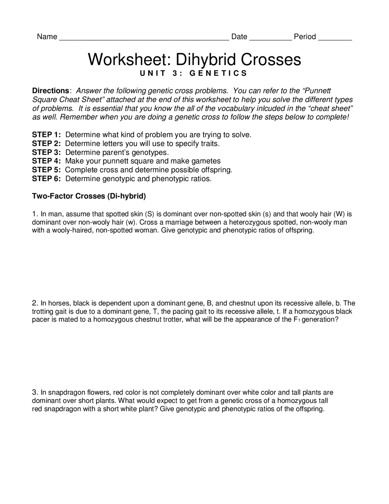 Worksheet: Dihybrid Crosses | Exercises Genetics | Docsity