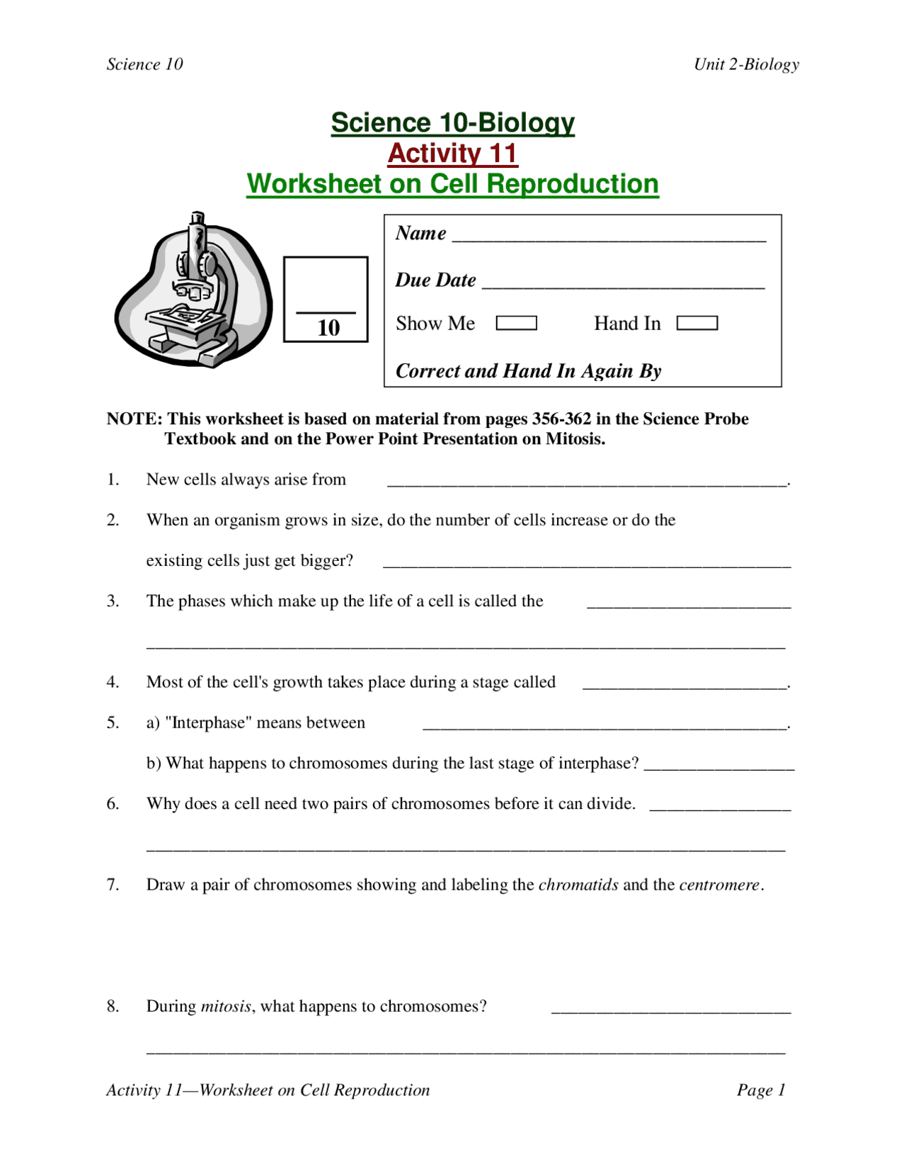Science 10-Biology Activity 11 Worksheet on Cell Reproduction | Study ...