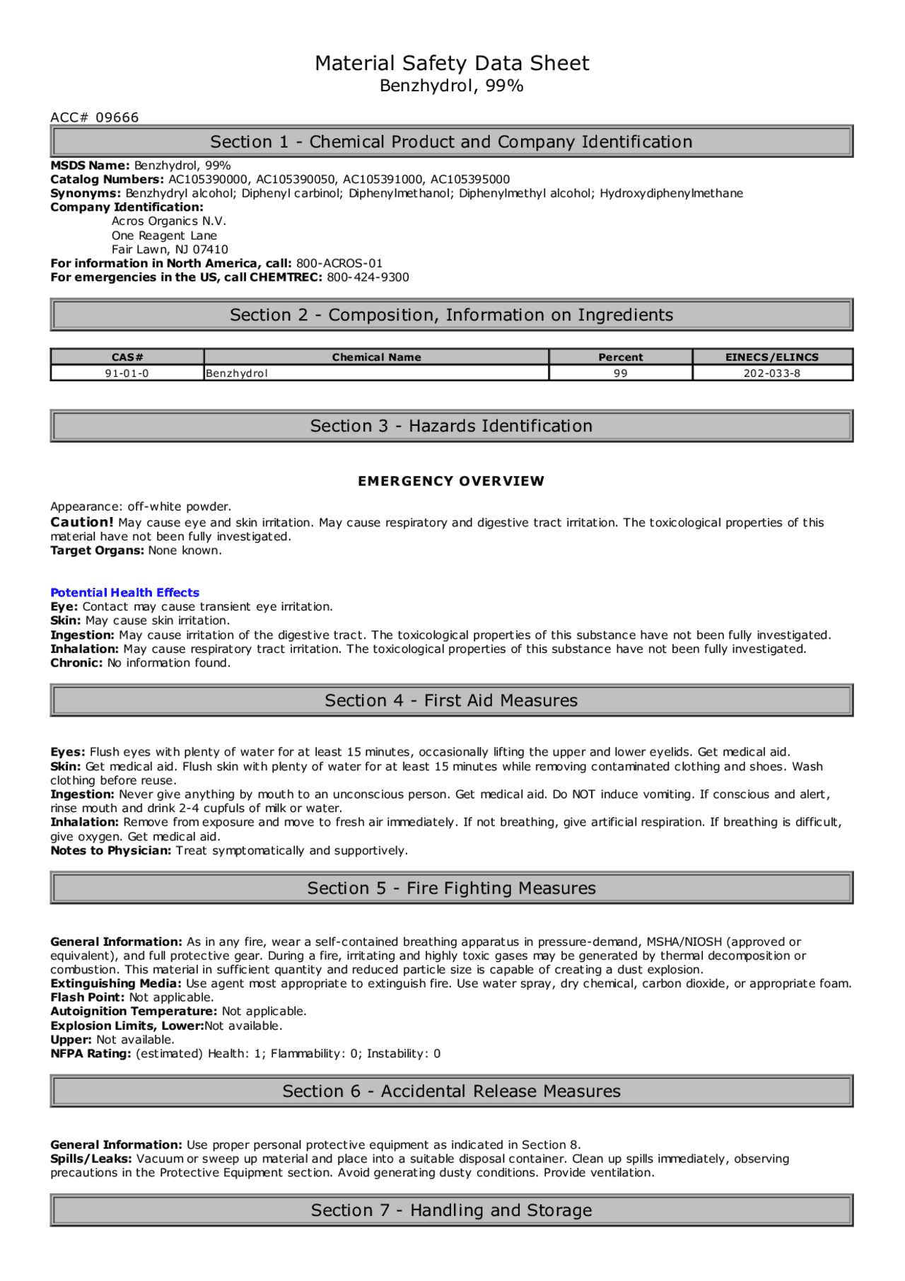 Material Safety Data Sheet for Benzhydrol, 99% | Study notes ...