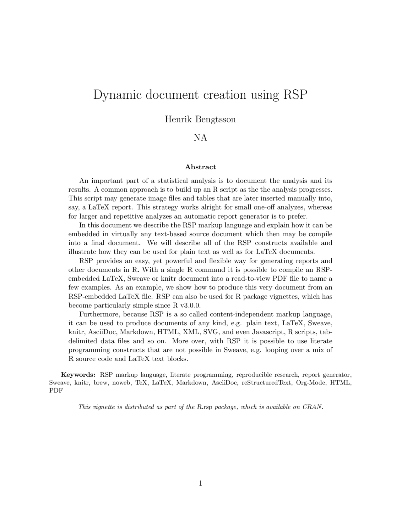 Dynamic document creation using RSP | Study notes Statistics - Docsity