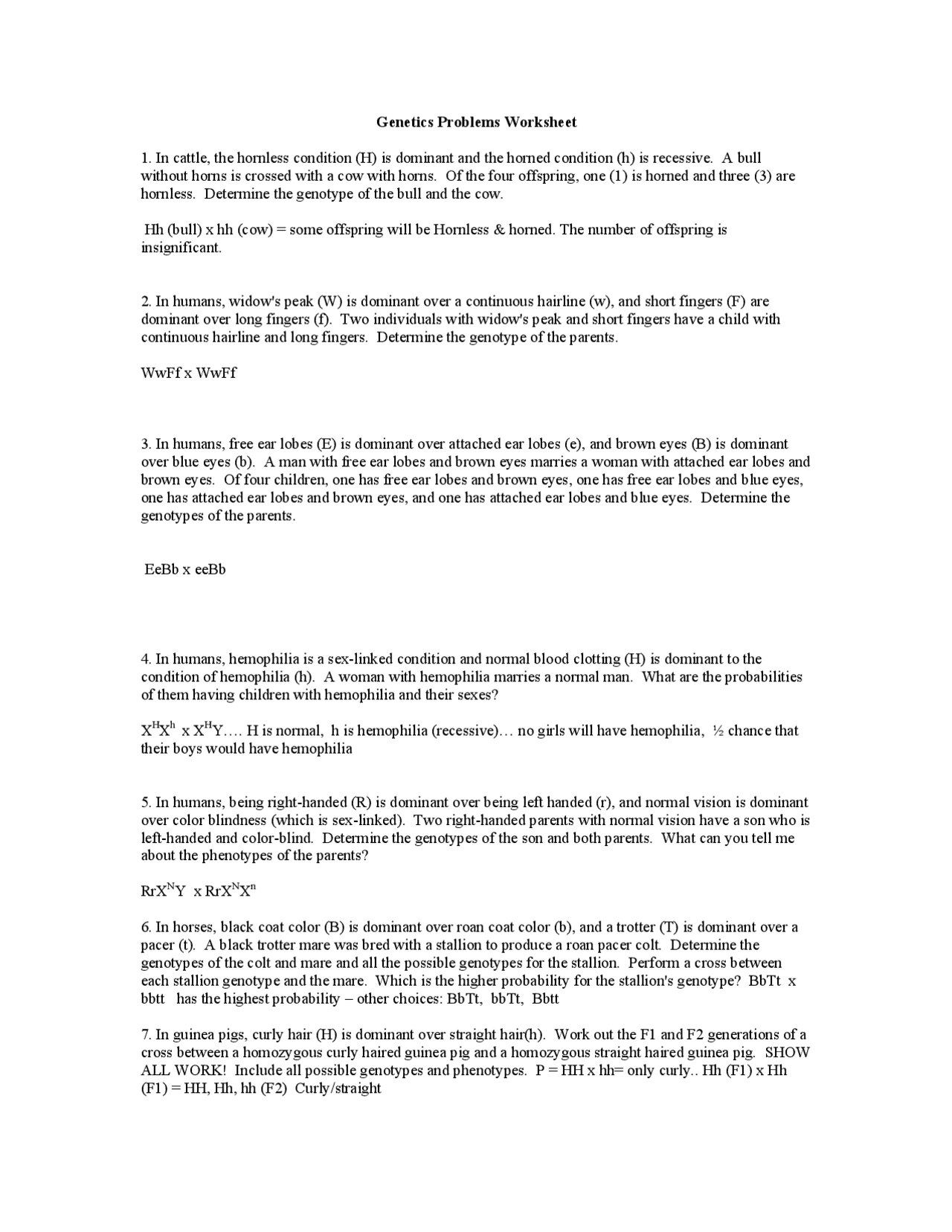 Genetics Problems Worksheet Answers Lecture Notes Genetics Docsity