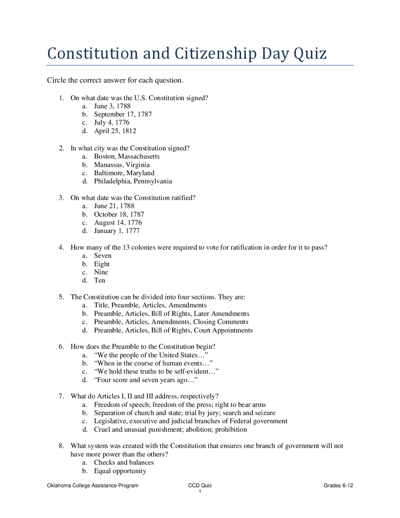 Constitution and Citizenship Day Quiz | Lecture notes Constitutional ...