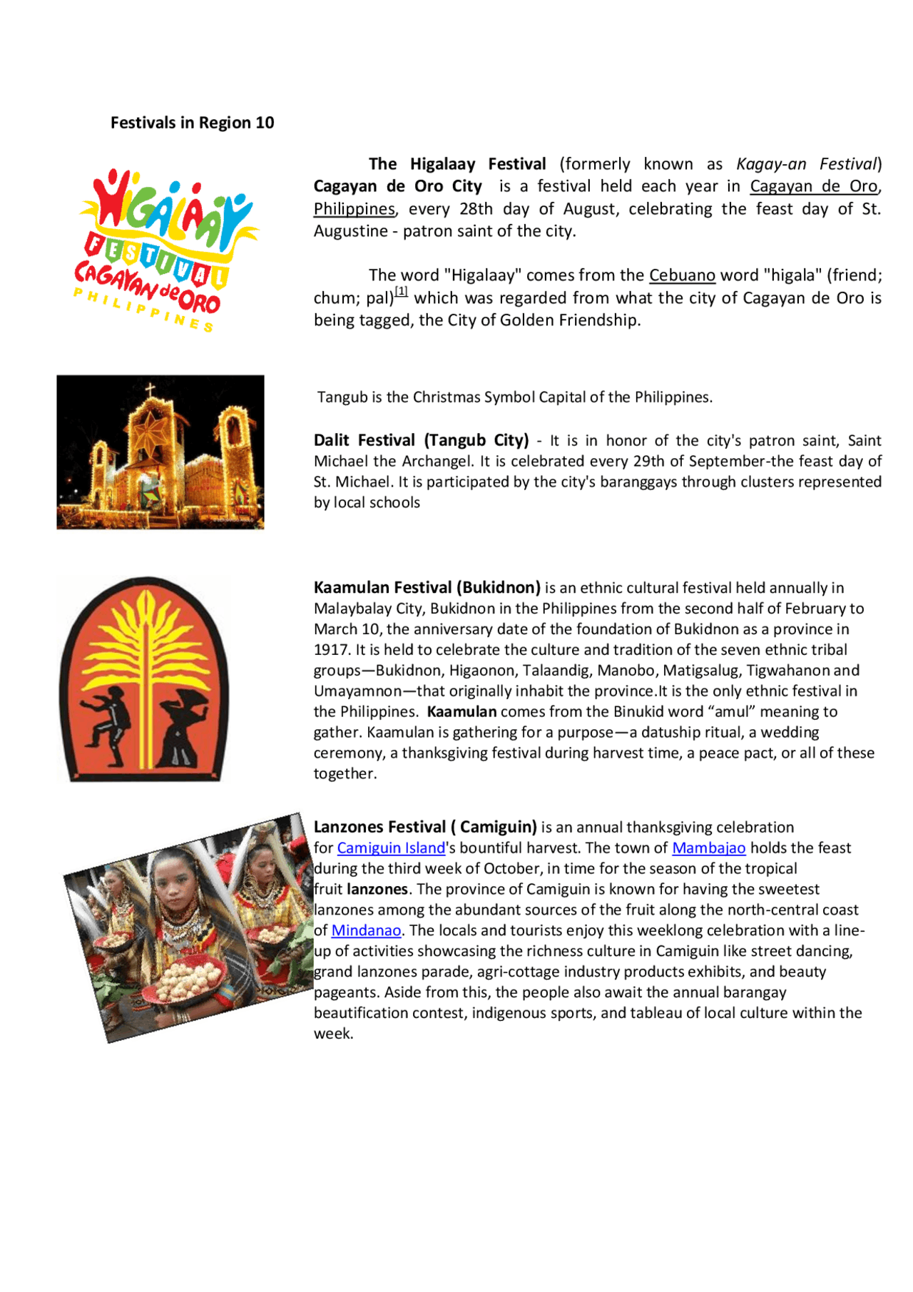 Festivals In Region 10 Summaries Life Sciences Docsity
