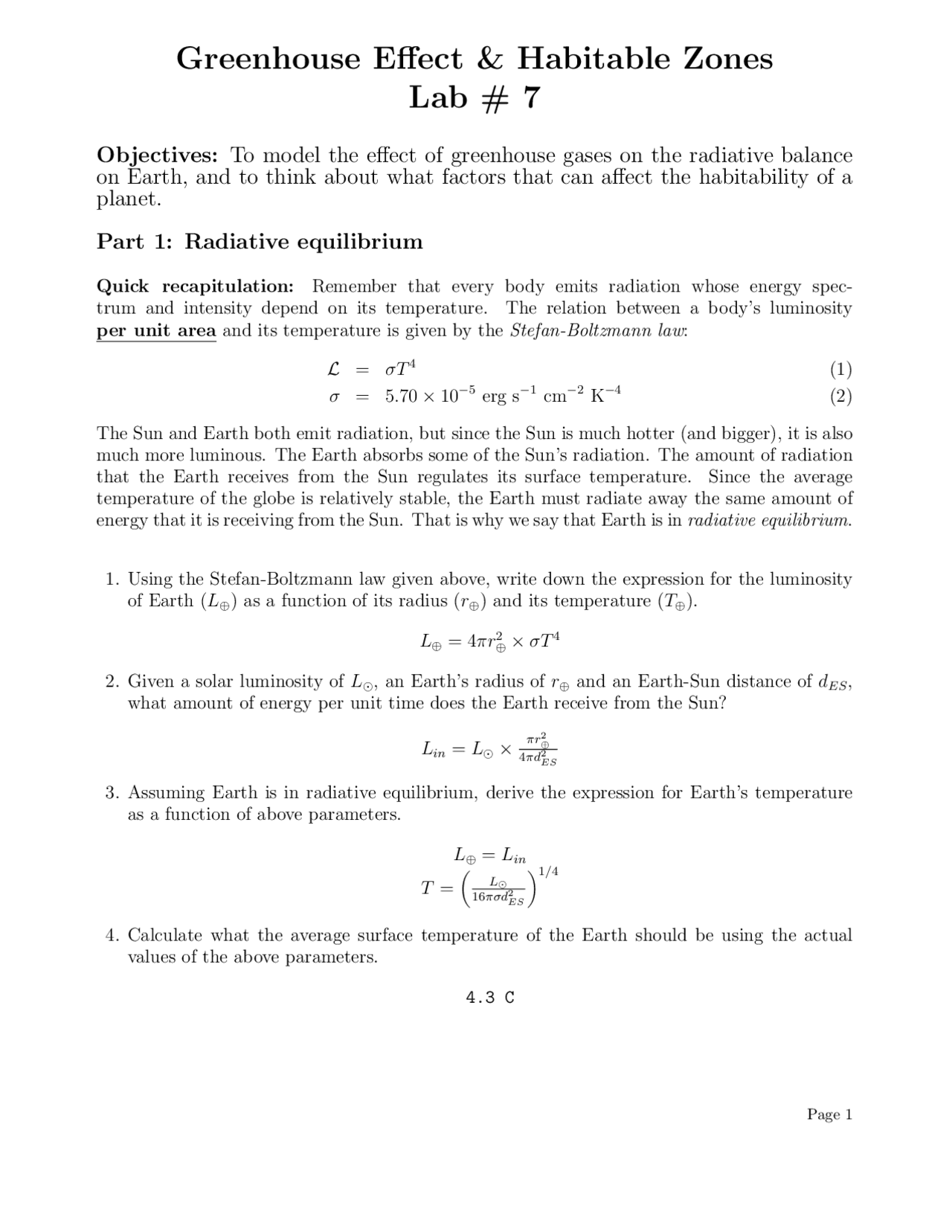 Greenhouse Effect And Habitable Zones Lab 7 Lecture Notes Law Docsity