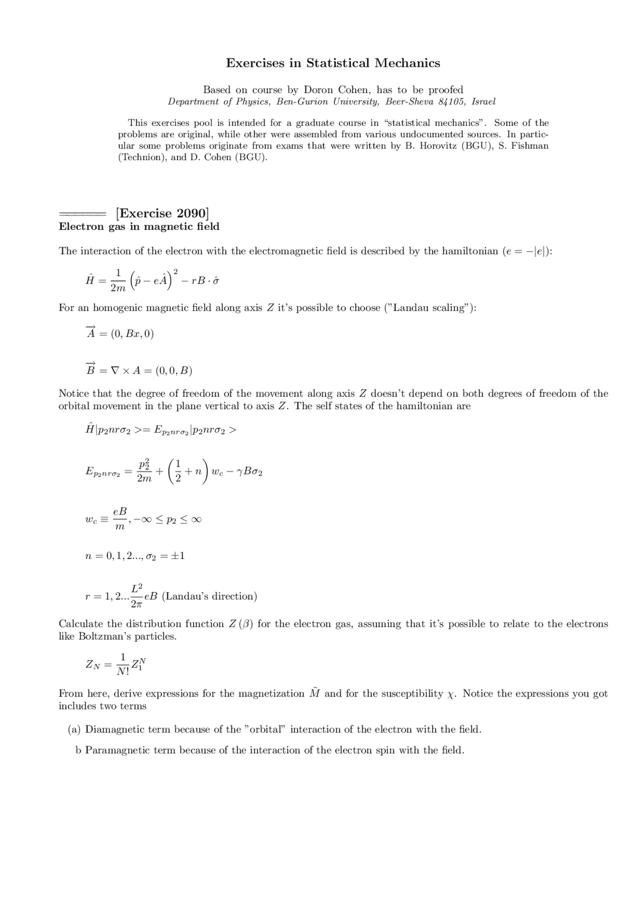 Exercises in Statistical Mechanics | Exercises Statistical mechanics | Docsity