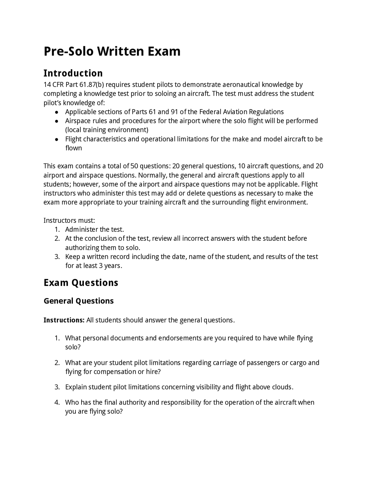 Pre-Solo Written Exam | Study notes Aviation | Docsity