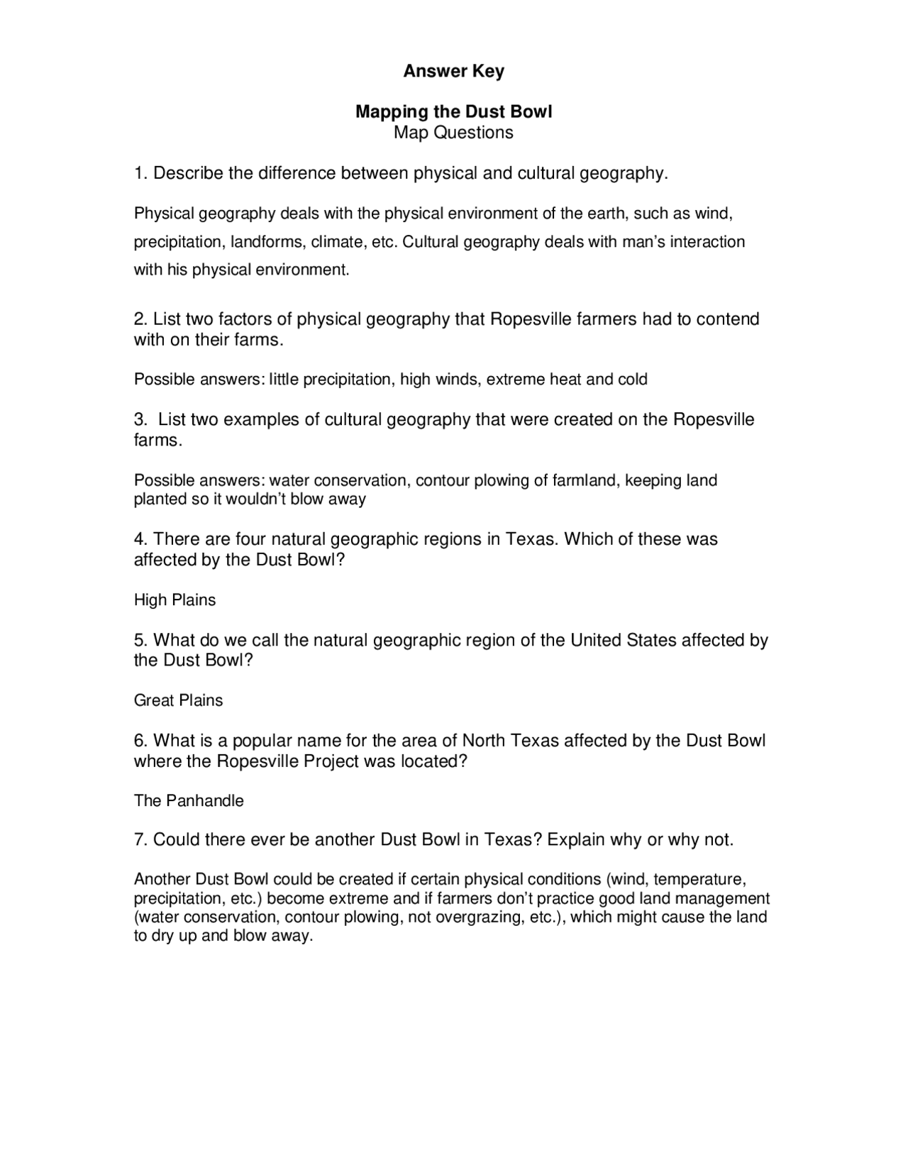 Answer Key Mapping the Dust Bowl Map Questions 1 ... | Study notes ...