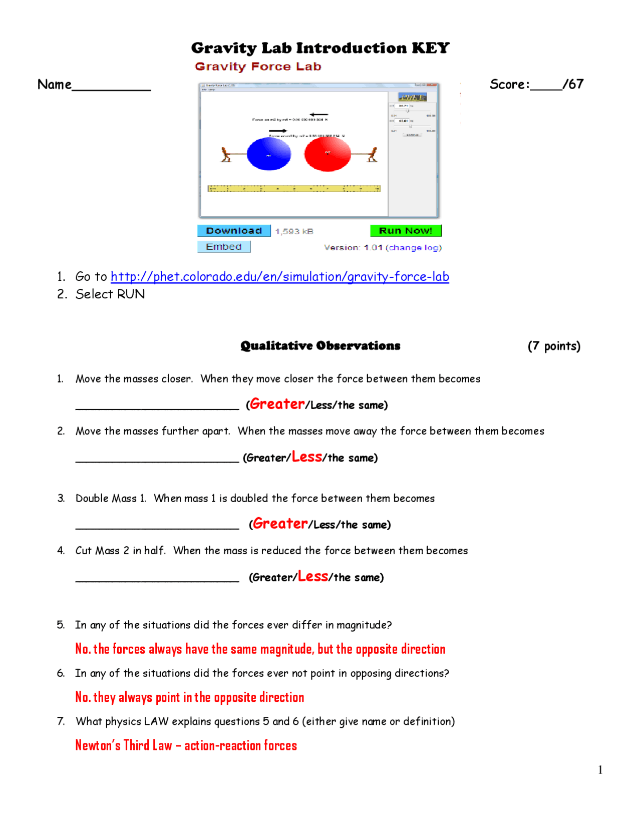 Gravity Lab Introduction KEY | Slides Law | Docsity