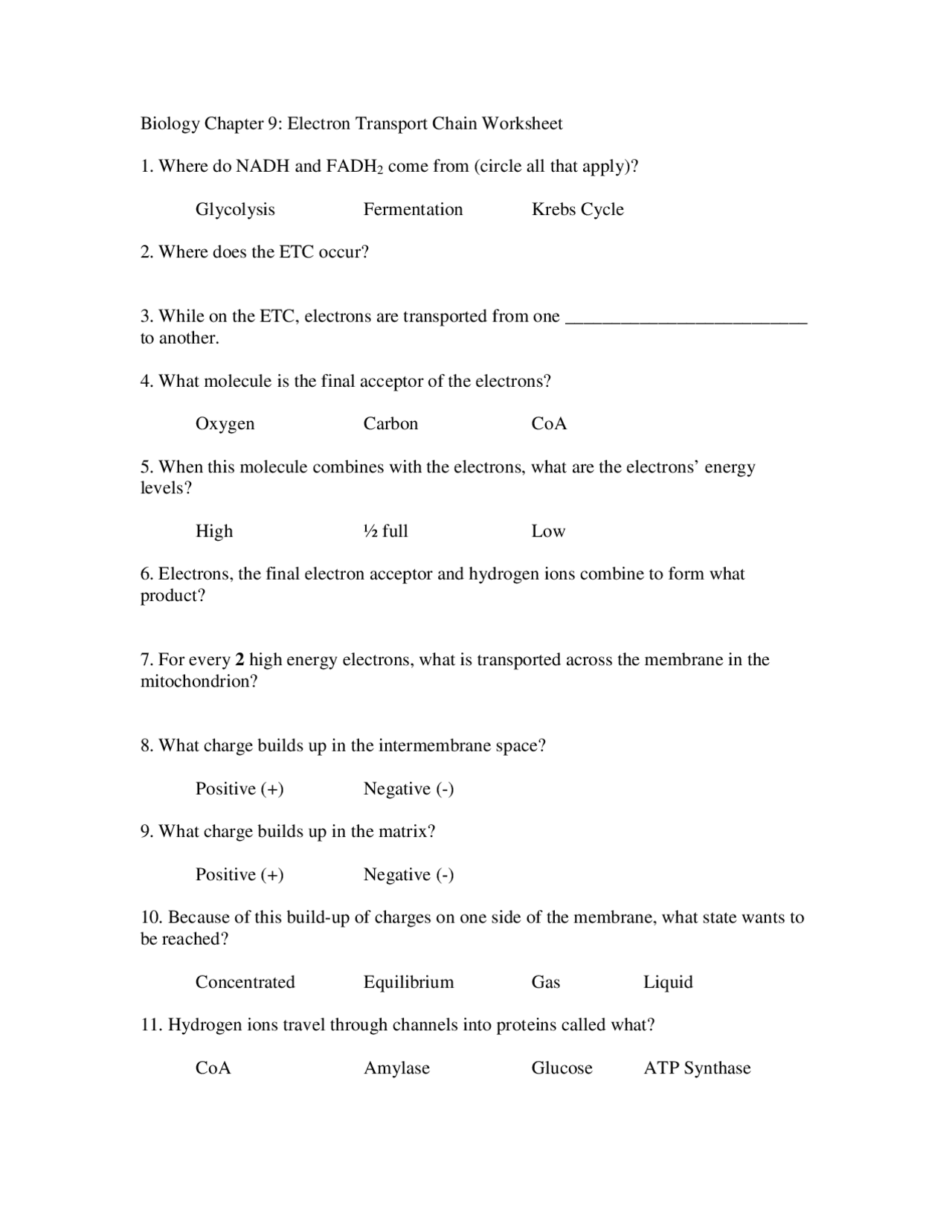 Biology Chapter 9: Electron Transport Chain Worksheet | Slides Biology ...