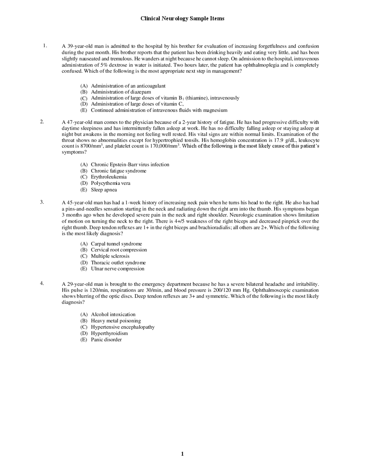 Clinical Neurology Sample Items 1 | Exams Neurology | Docsity