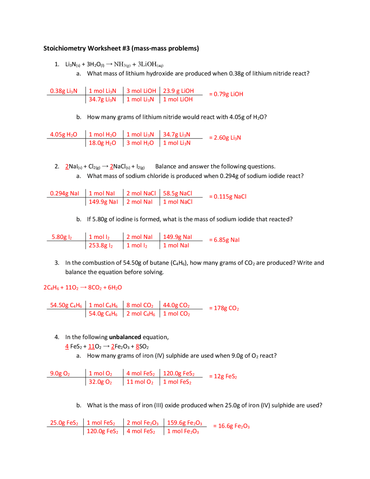Stoichiometry Worksheet #3 (mass-mass problems) | Exams Stoichiometry ...