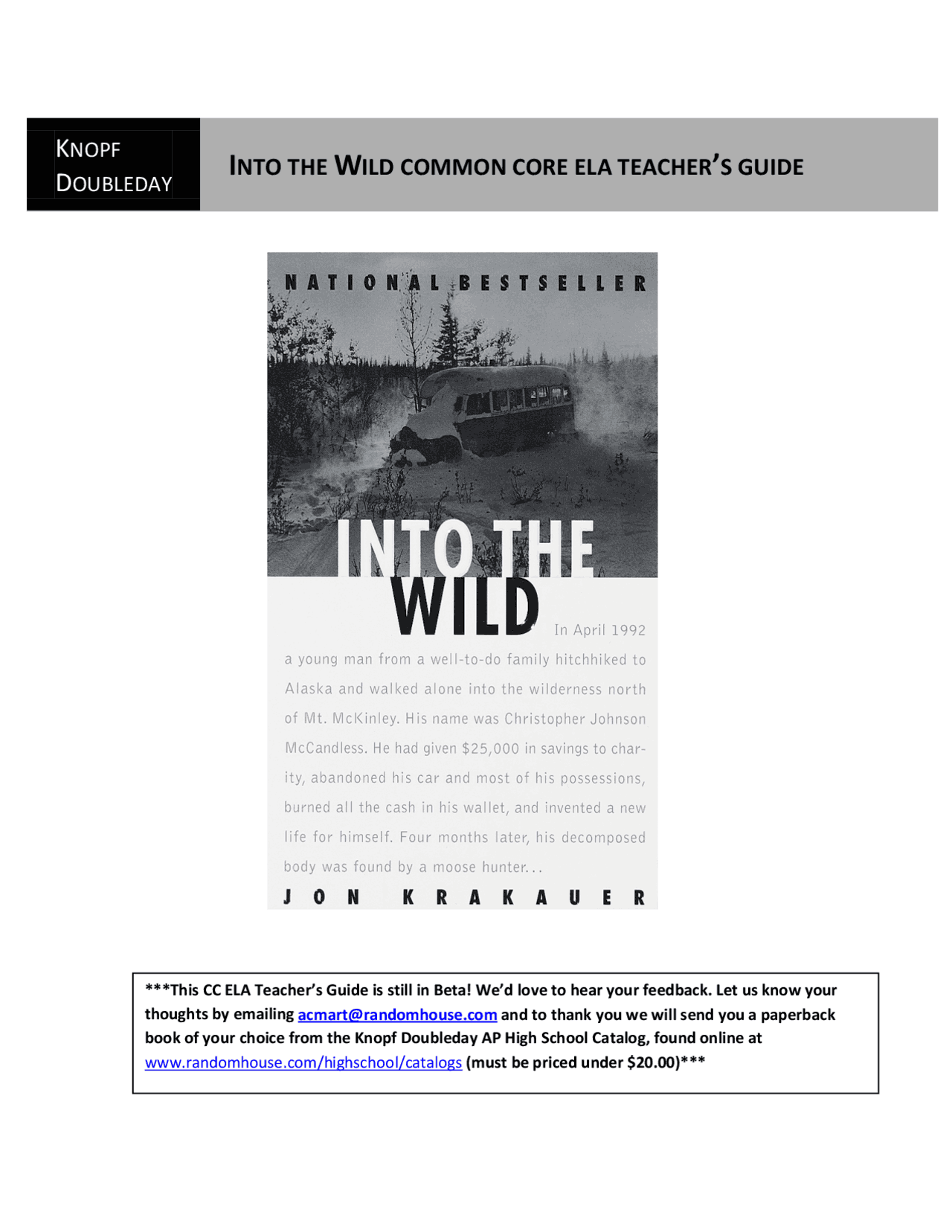 INTO THE WILD COMMON CORE ELA TEACHER'S GUIDE | Study notes Poetry ...