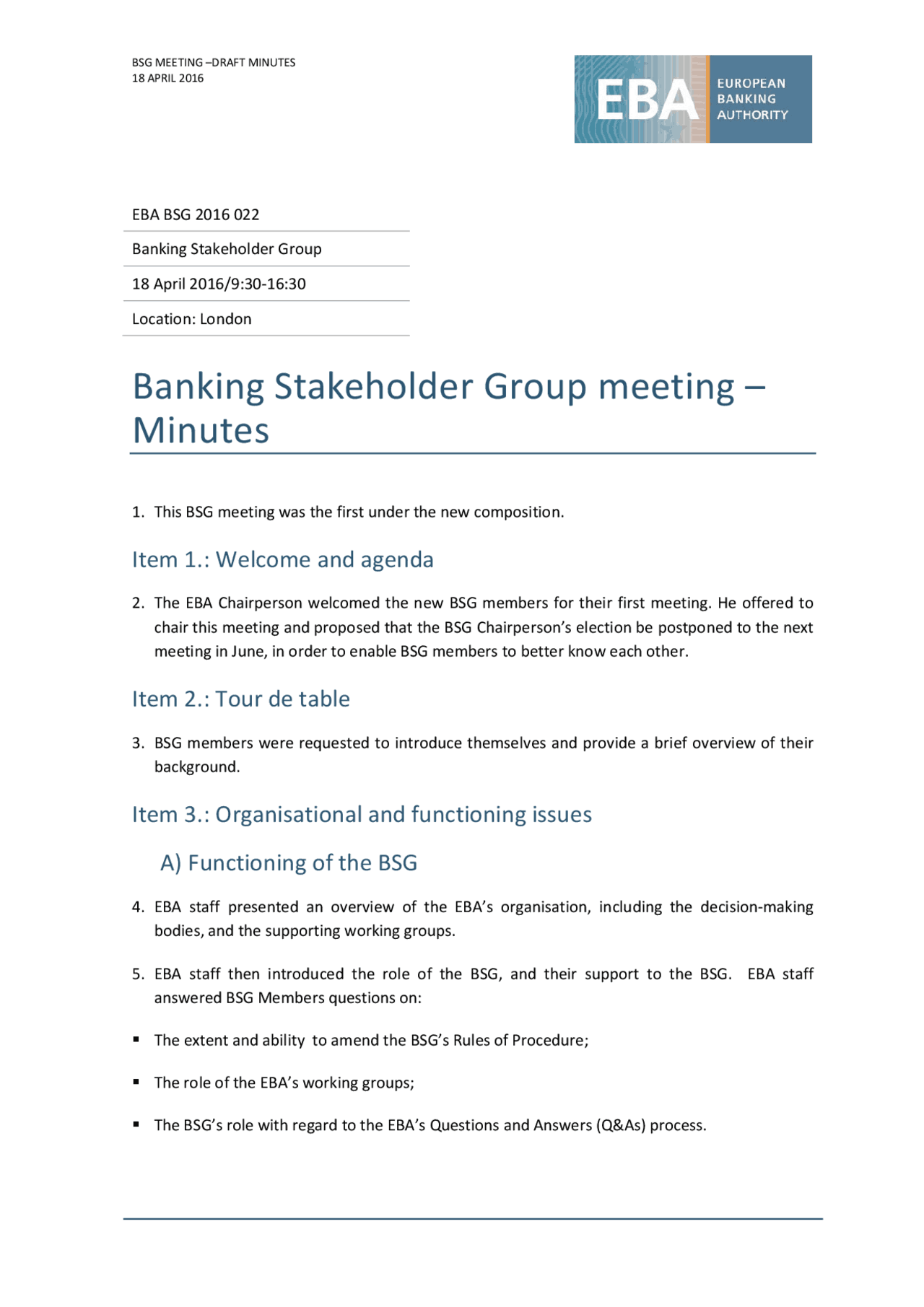 BSG Meeting Minutes: EBA's Role in Banking Regulation and Consultation ...