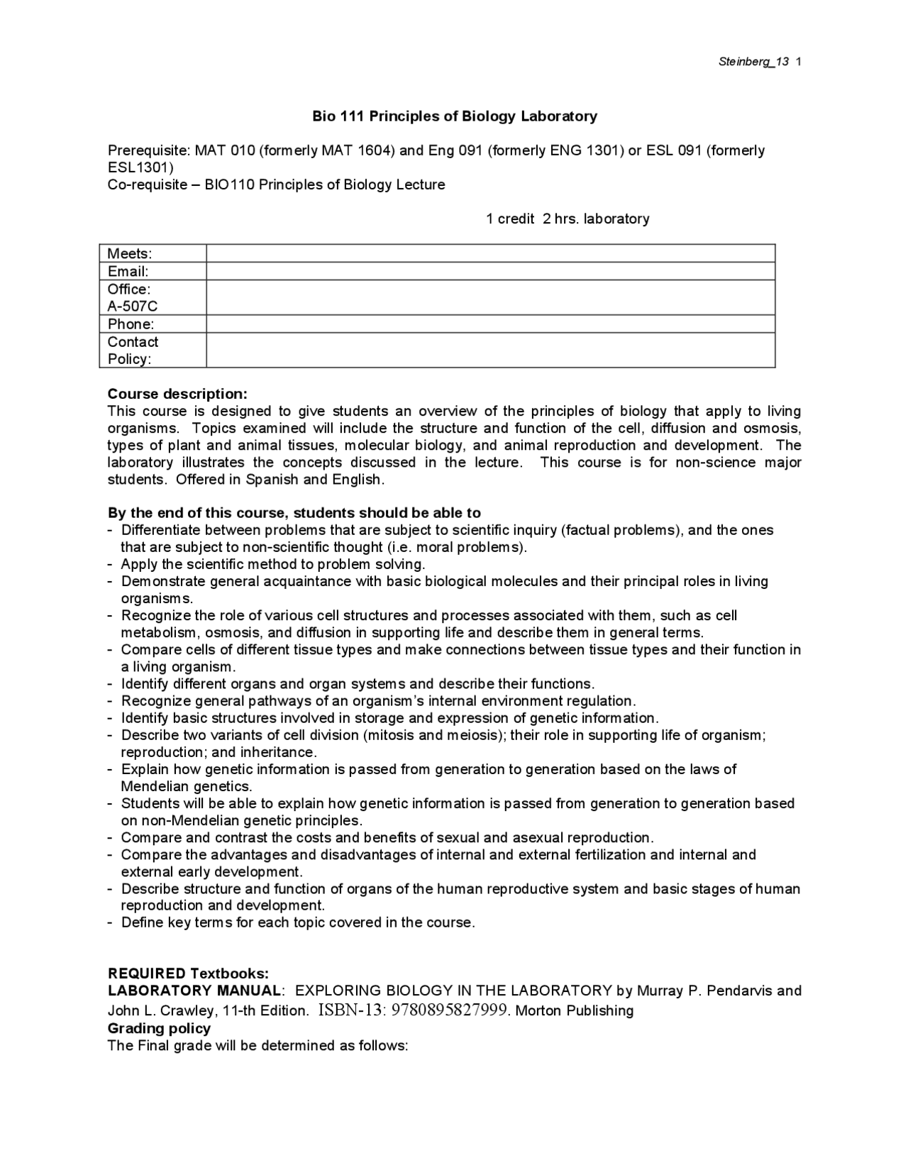 Bio 111 Principles of Biology Laboratory Prerequisite | Lecture notes ...