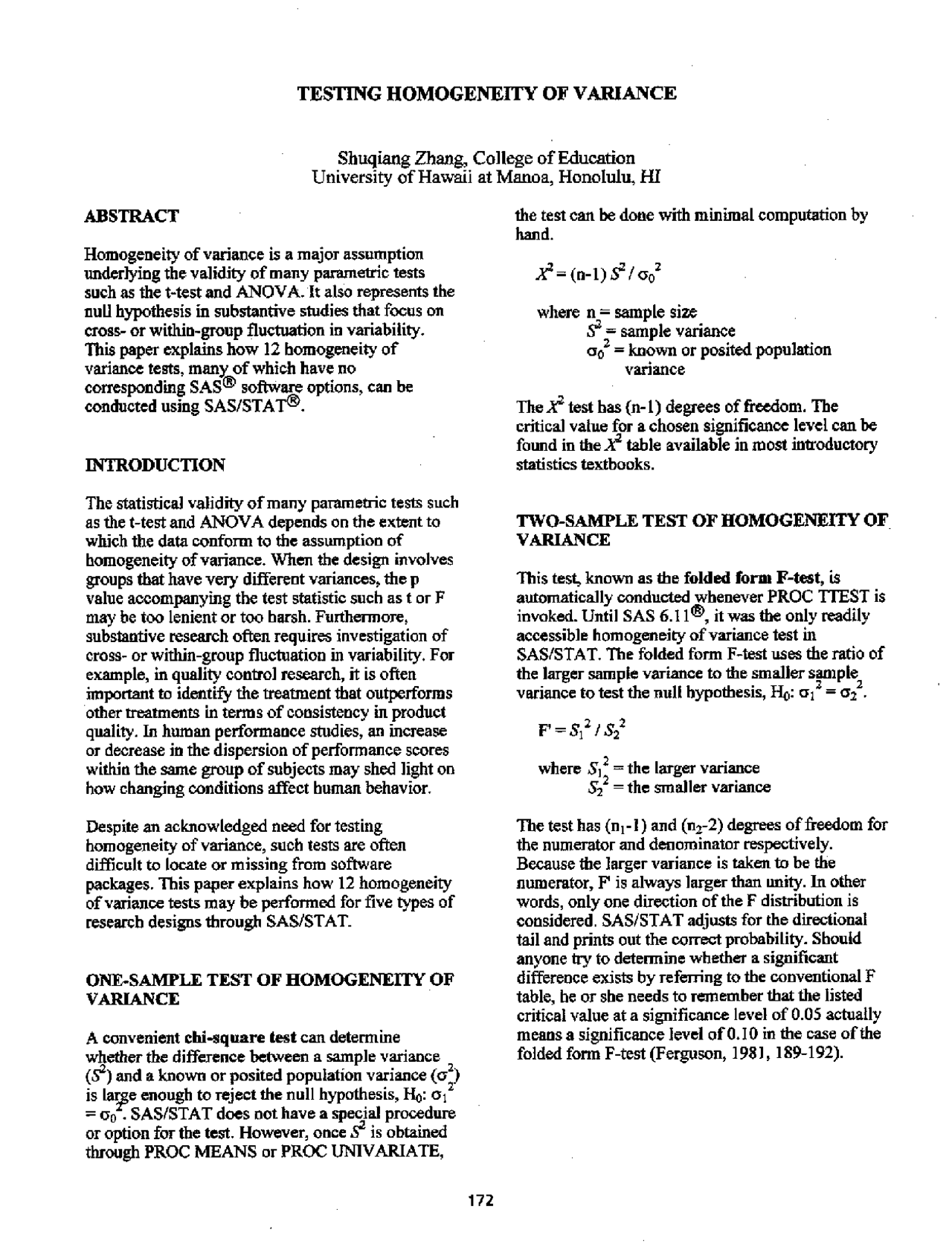 TESTING HOMOGENEITY OF VARIANCE | Lecture notes Statistics - Docsity
