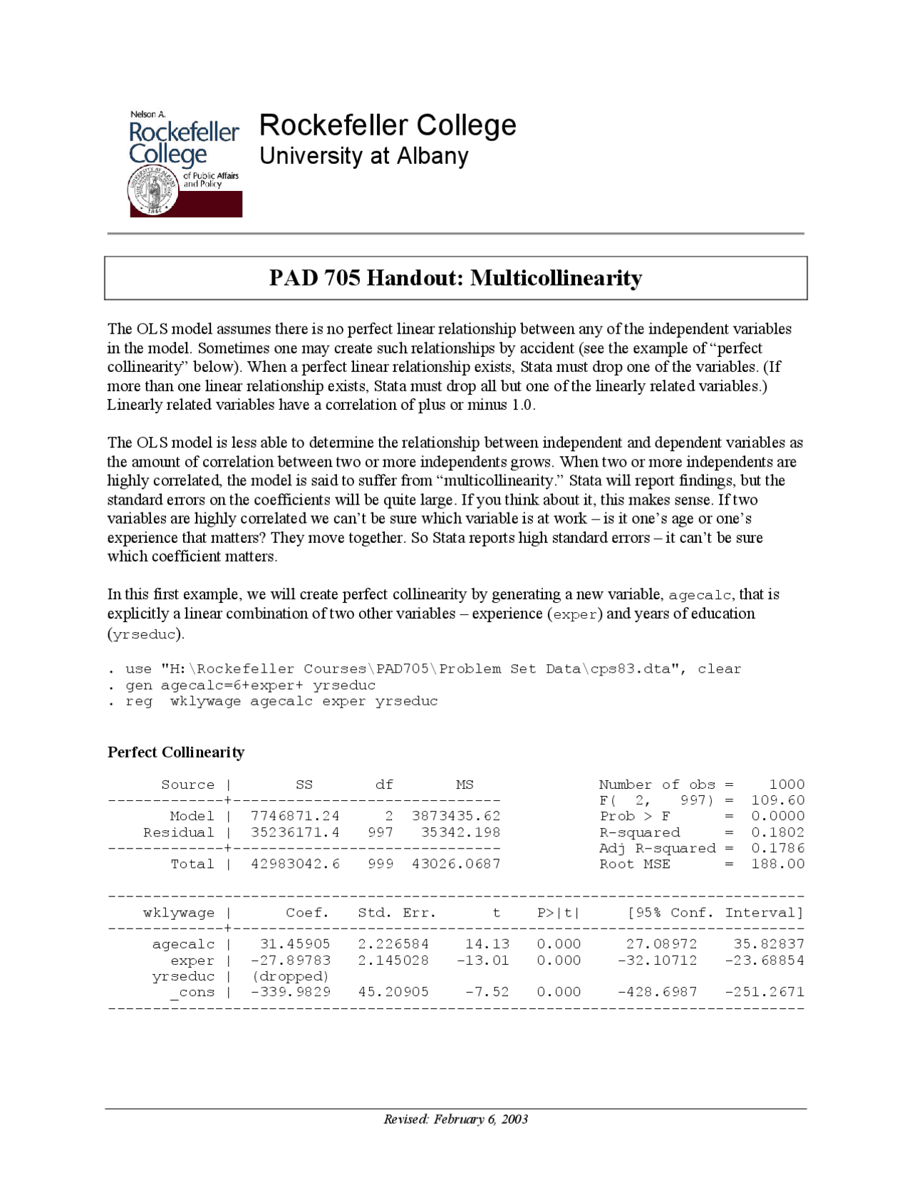 University At Albany Pad 705 Handout Multicollinearity Lecture Notes