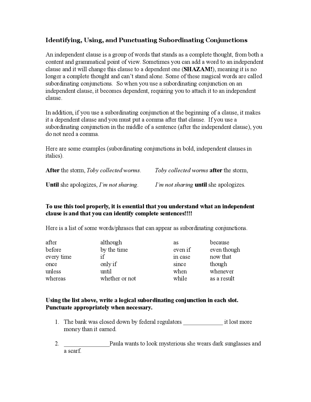 Subordinating Conjunctionsdocx Lecture Notes Grammar And Composition Docsity