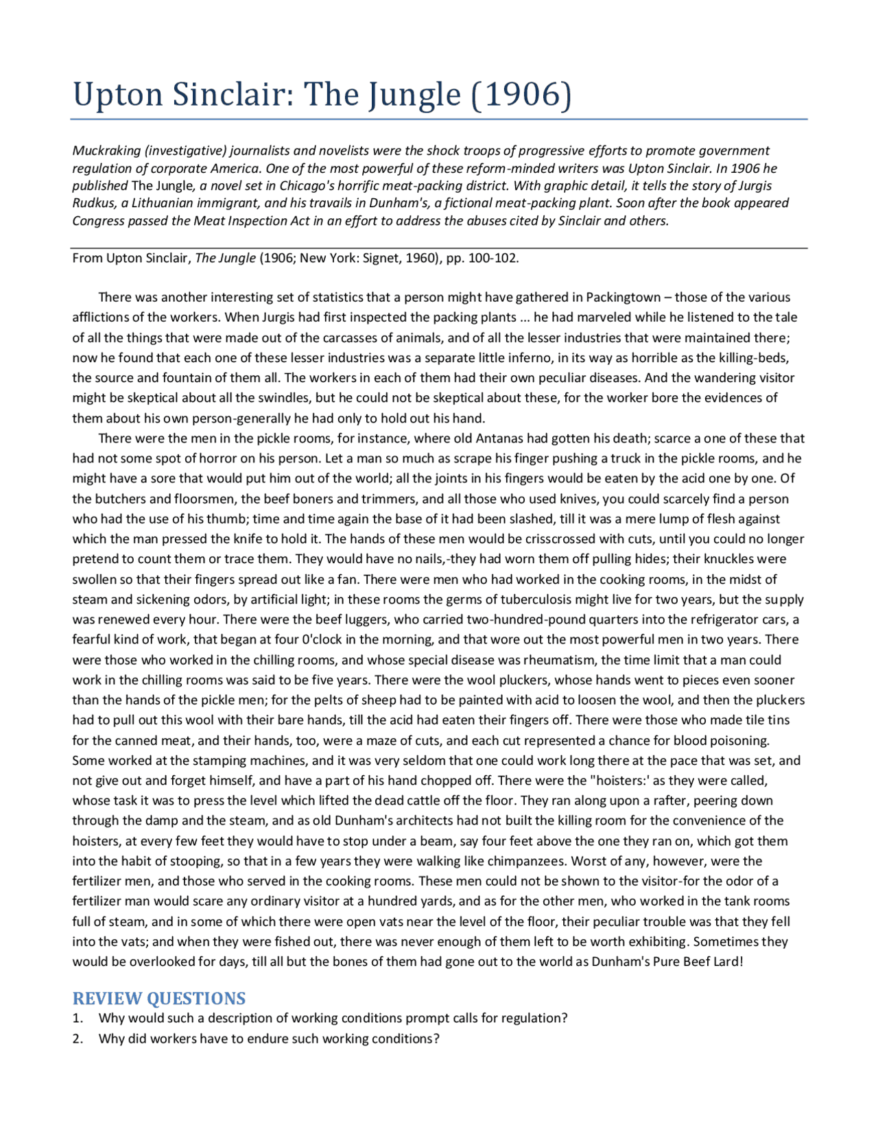 Upton Sinclair: The Jungle (1906) | Lecture notes Statistics - Docsity