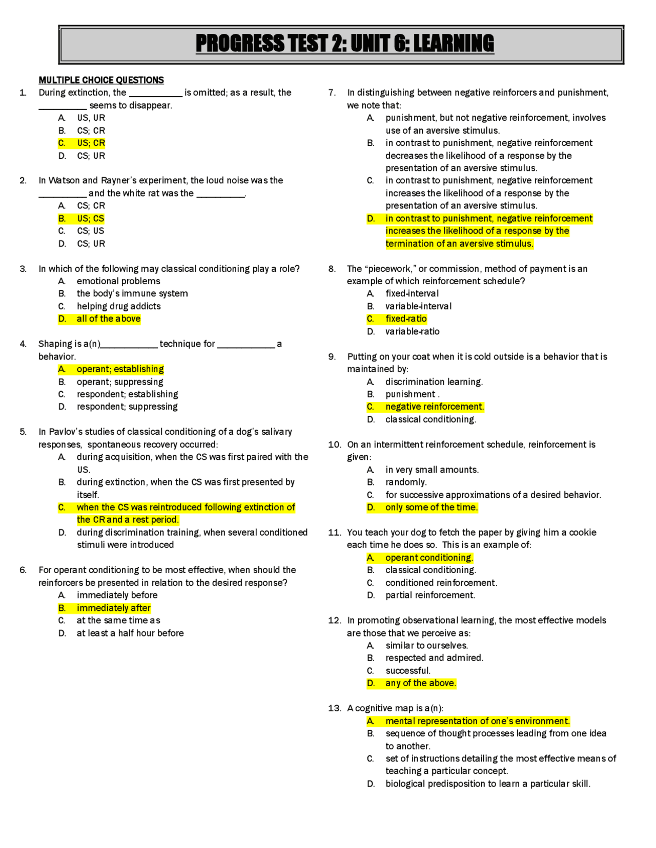 UNIT 6: LEARNING - PROGRESS TEST 2 | Study notes Psychology | Docsity